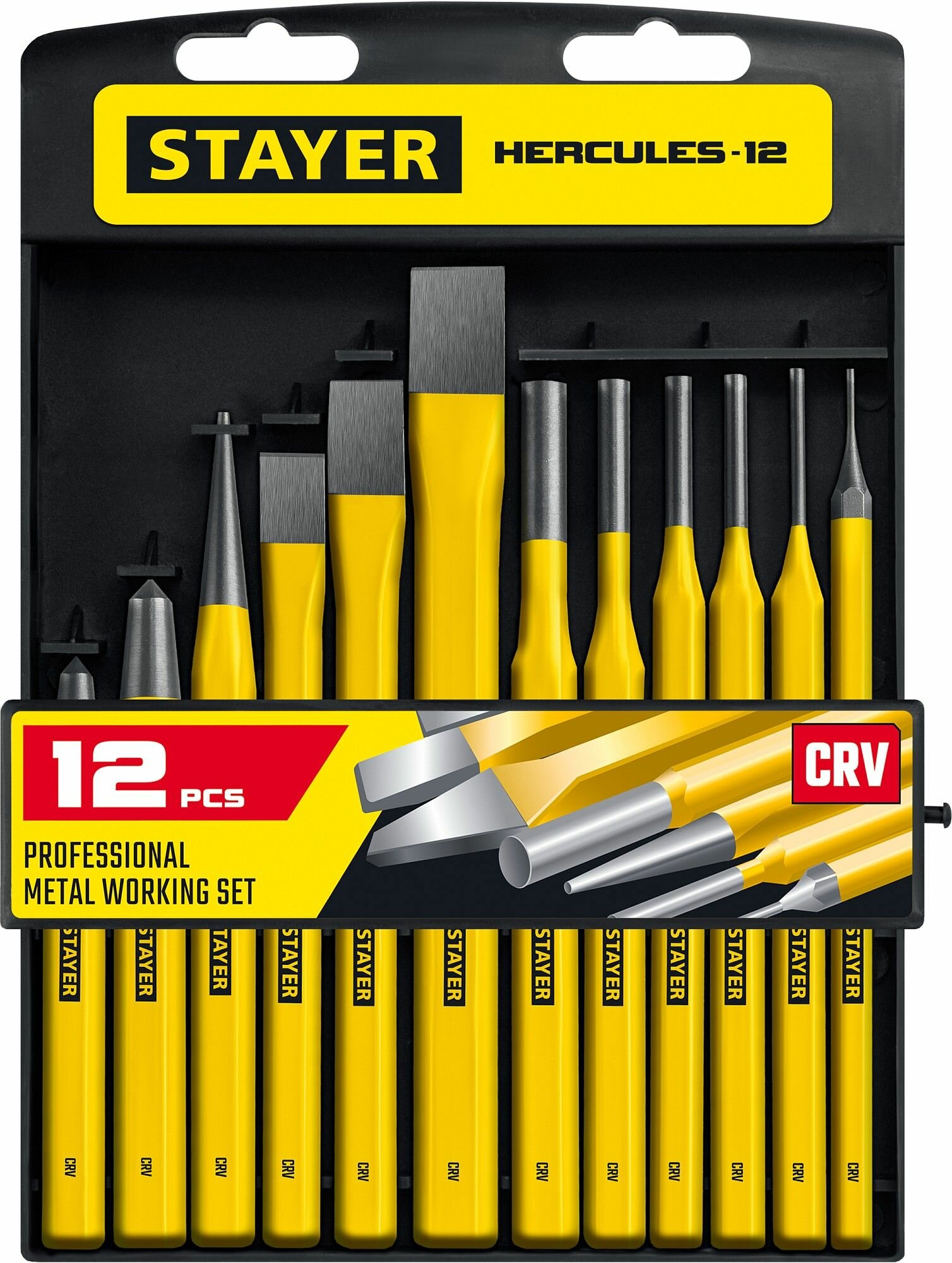 STAYER Hercules, 12 предметов, набор зубил и кернеров в пластиковом держателе, Professional (21077-H12)