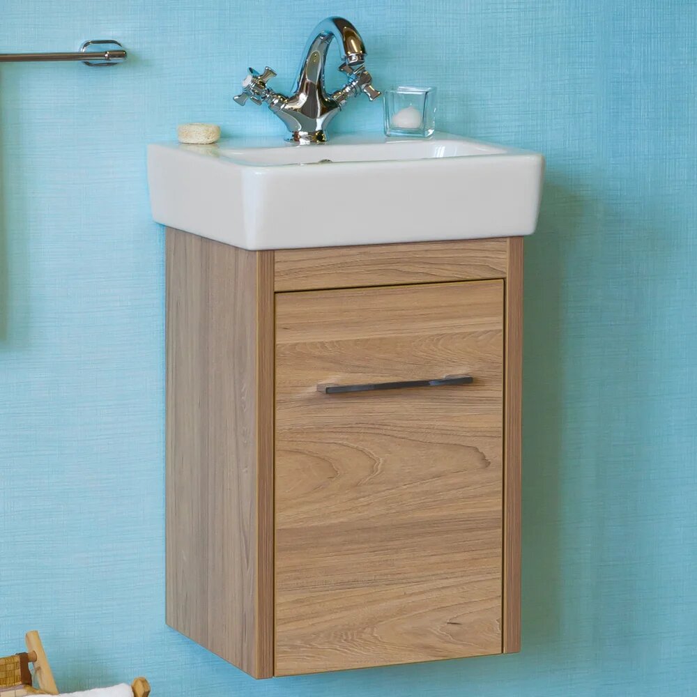 Тумба с раковиной Sanflor Ларго подвесная, 40 см, светлое дерево, матовая, из ЛДСП, с дверками, раковина для ванной фарфоровая, прямоугольная