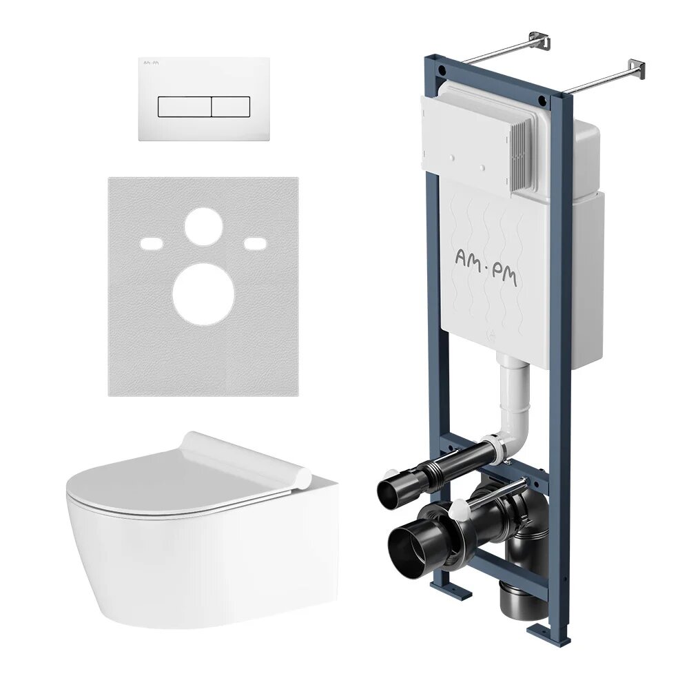 Комплект Унитаз подвесной Damixa Jupiter DX77C1700SC безободковый, с микролифтом / Инсталляция AM.PM ErgoFit I012711.0301 с кнопкой ErgoFit M белый глянец