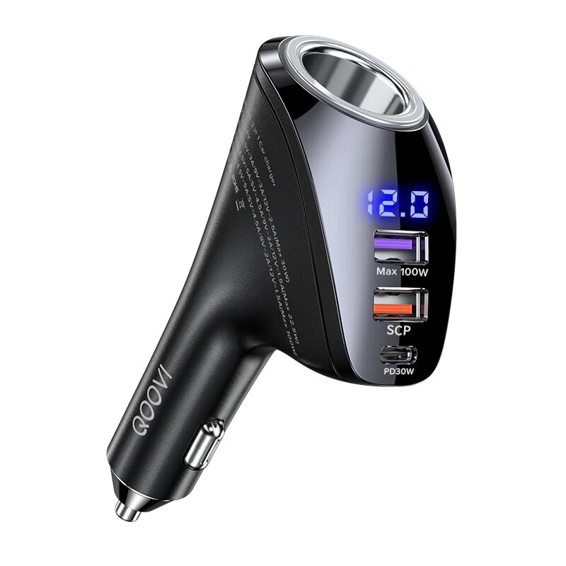 QOOVI 150 Вт Автомобильное зарядное устройство Usb Type C Сверхбыстрая зарядка PD 4.0 Quick Charge 3.0 Разъем прикуривателя для iPhone Xiaomi Samsung, Black