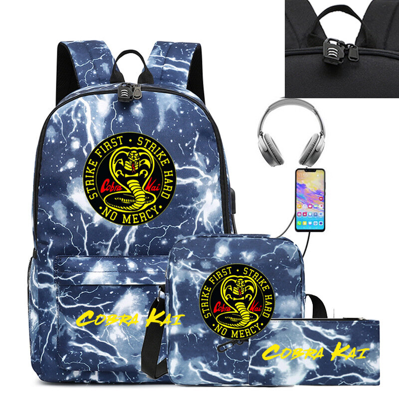 Новый американский сериал «Каратэ», детский рюкзак «Кобра», сумка для ручек, сумка на одно плечо, парусиновая школьная сумка из трех предметов 01