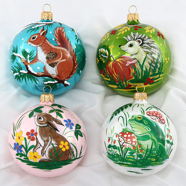 Набор стеклянных елочных шаров На полянке 8 см, 4 шт, Фабрика Елочка, С2300