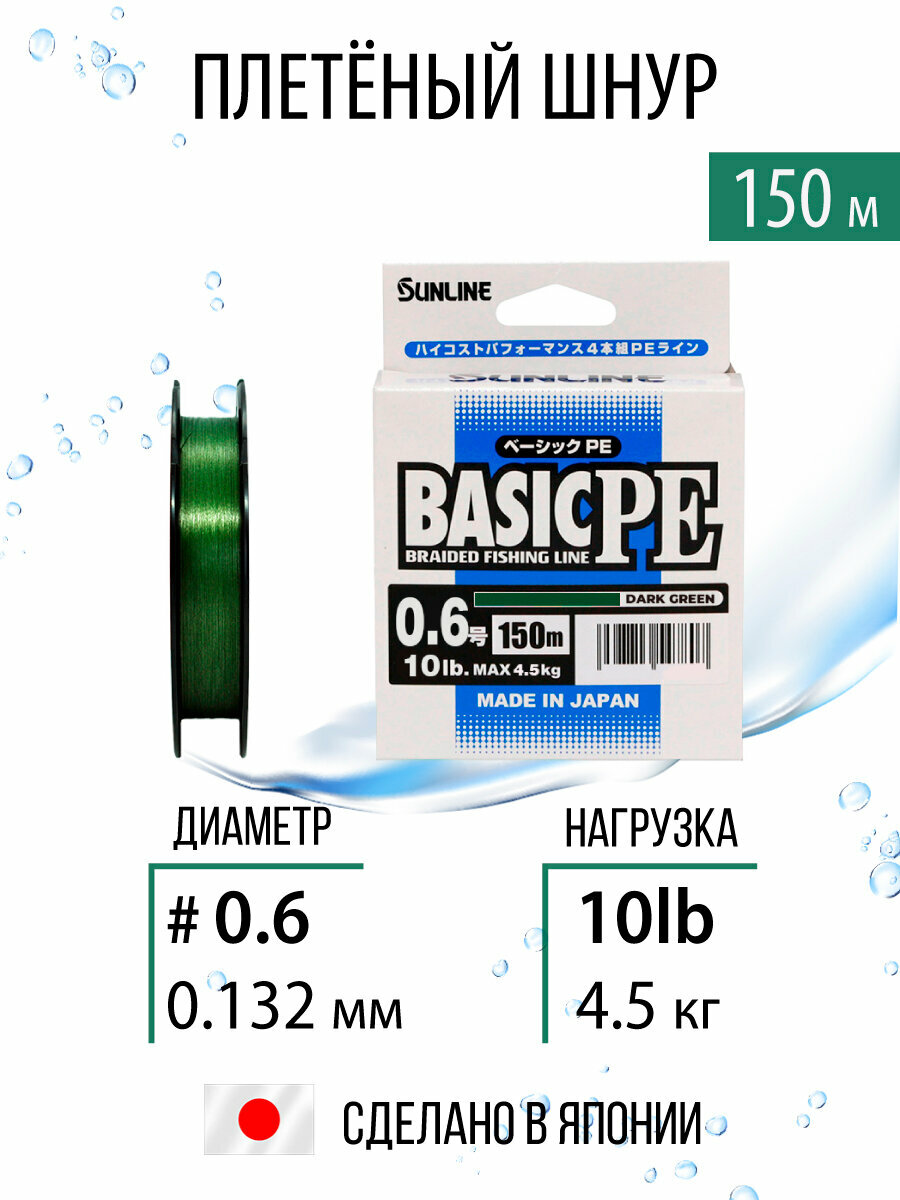 Шнур для рыбалки плетеный BASIC PE HG #0.6/10lb 150m Dark Green, плетёнка рыболовная, леска для спиннинга.