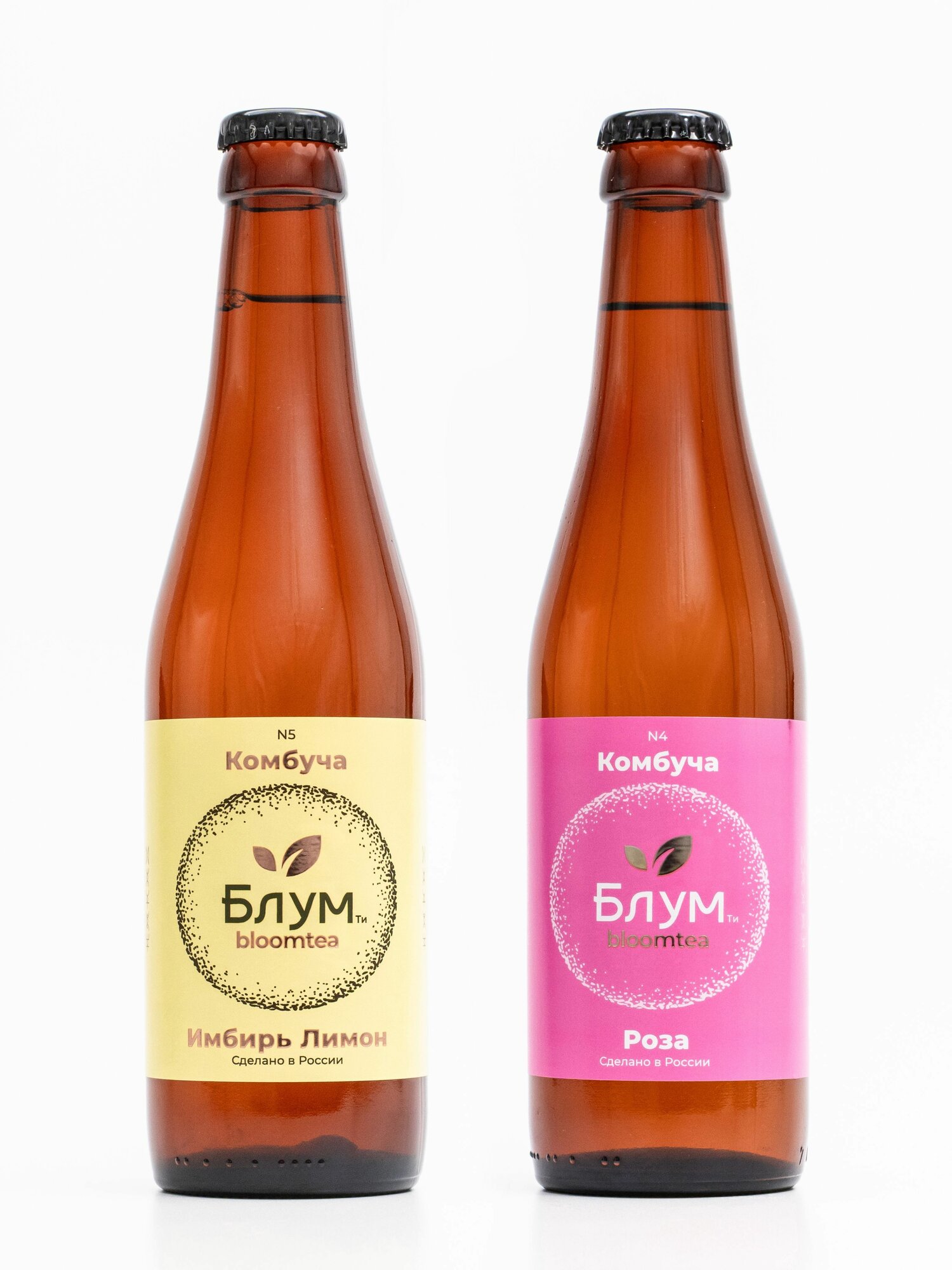 Комбуча чайный гриб Блум BLOOMTEA, PREMIUM, непастеризованная, без ароматизаторов, сет, 2 вкуса, имбирь лимон и роза, 2х0,33л