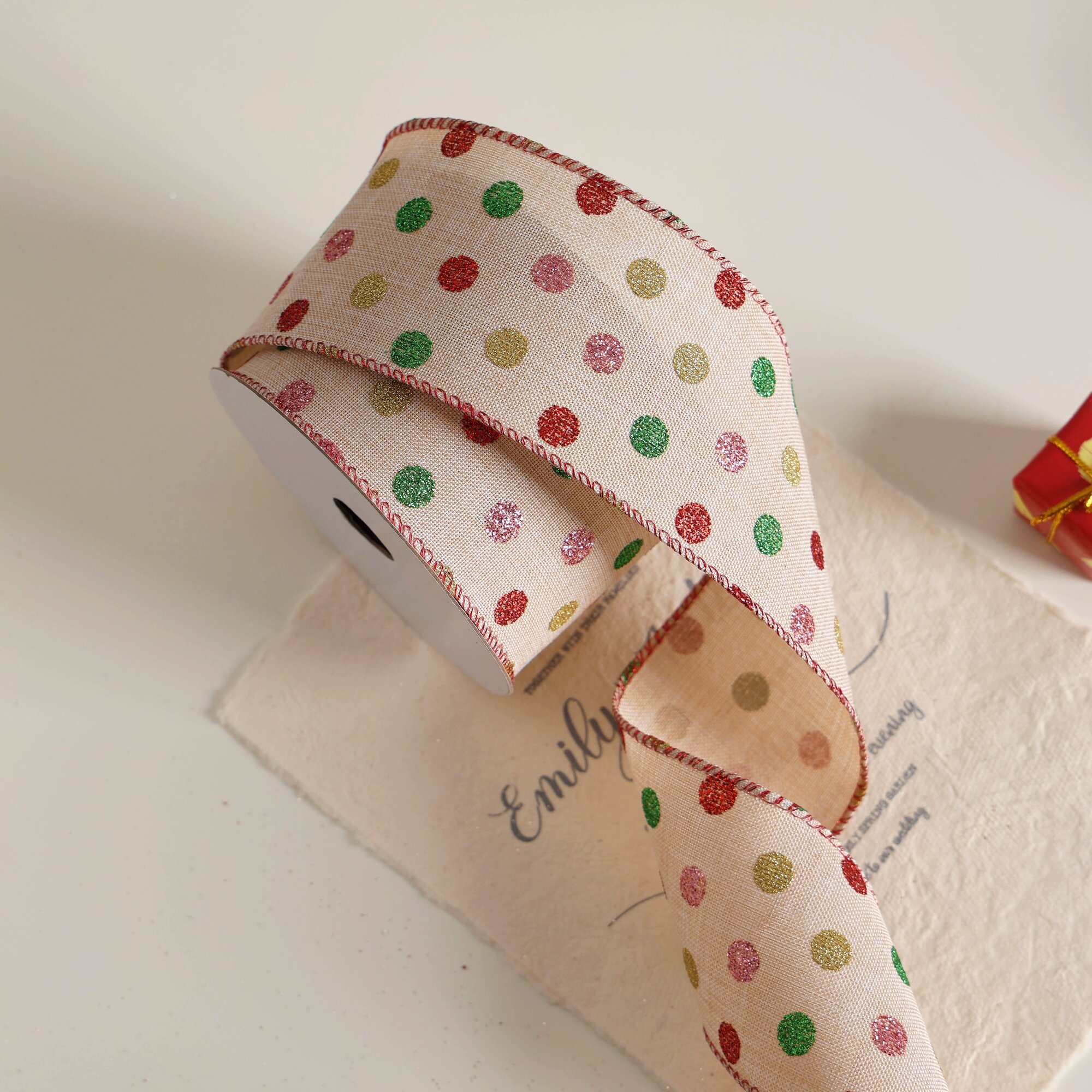 Рождественская декоративная лента с золотыми точками и снежинками, атласная лента, лента для украшения елки, лента для