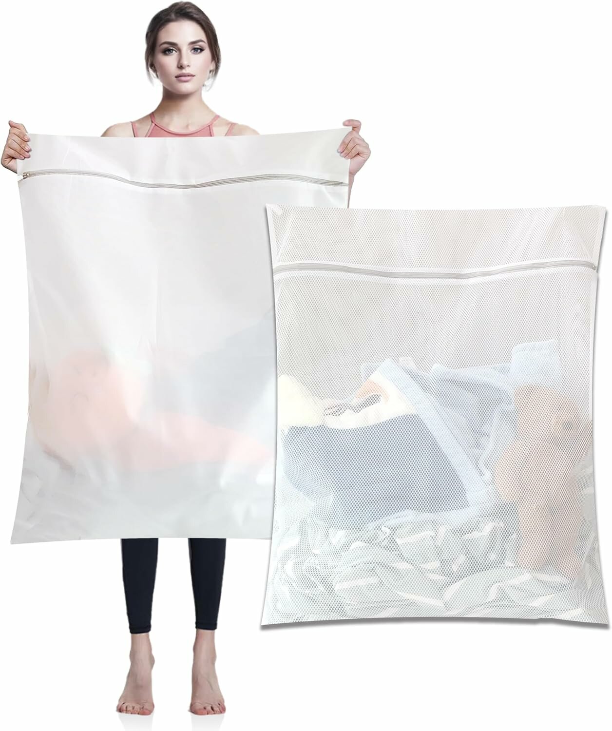 Мешки для стирки с сеткой размера (31x23 дюйма), комплект 2 шт, прочные мешки для стирки с молнией для деликатной одежды, постельного белья, свитеров, халатов и игрушек — с мелкой и сотовидной сеткой