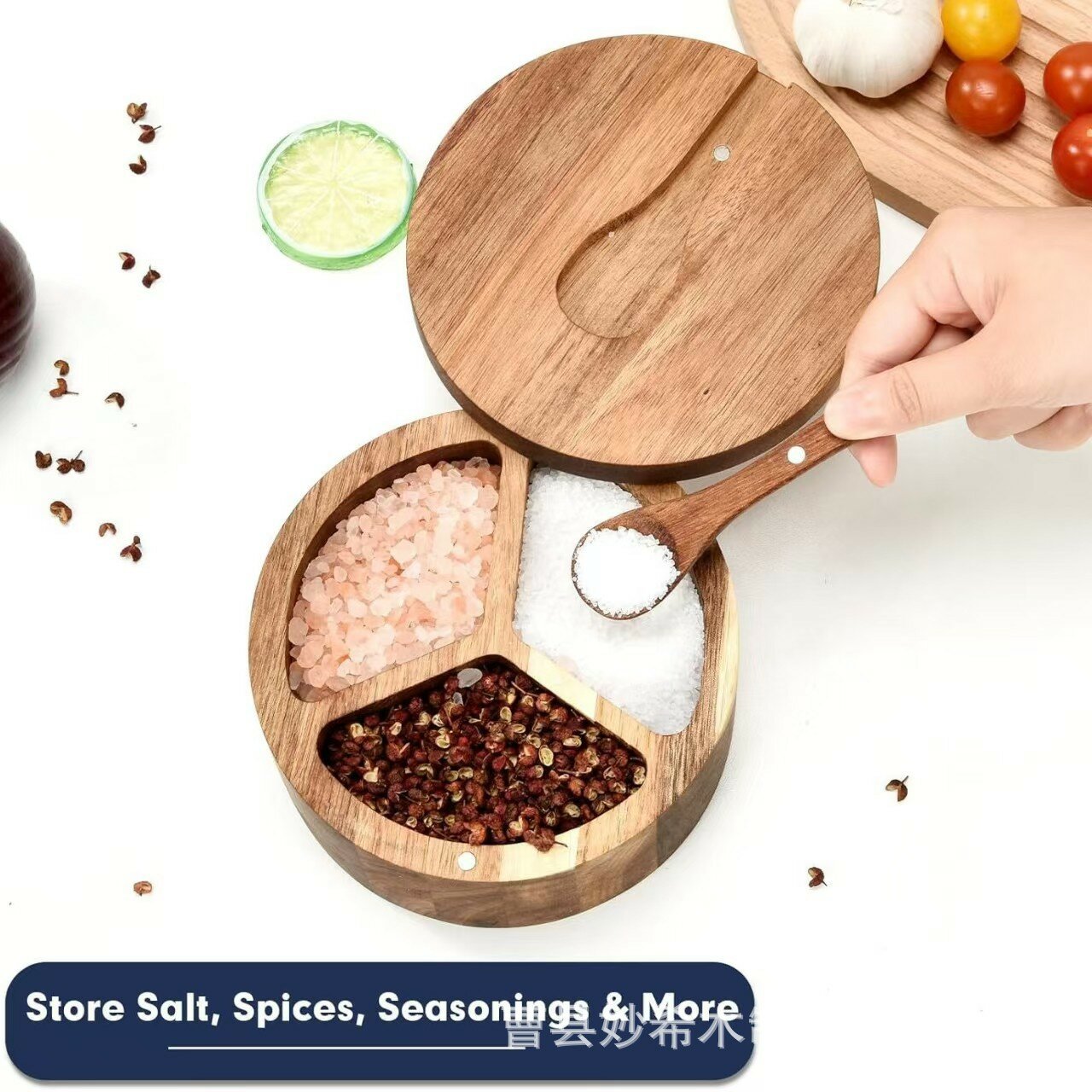 Деревянная коробка для специй с вращающейся крышкой, контейнер для хранения специй, банка для перца и соли, разделенный органайзер для специй, коробка для хранения из массива дерева