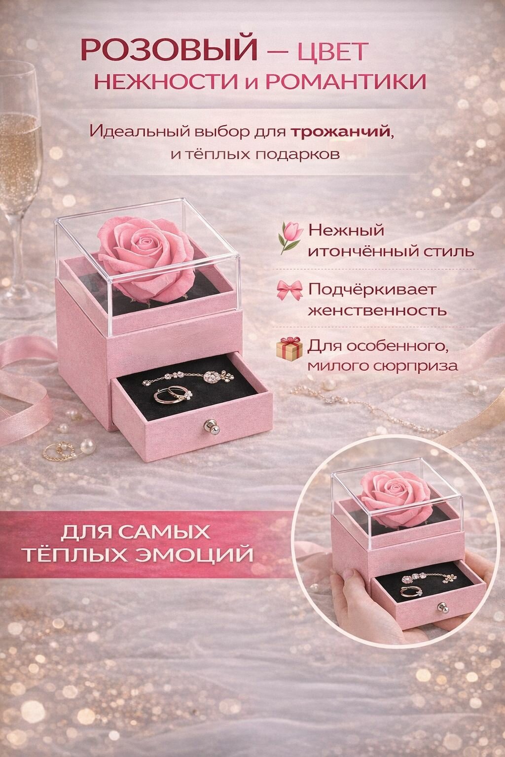Коробка для украшений с розой, подарочный бокс. Розовый