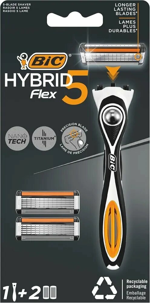 Мужская бритва BIC Hybrid 5 Flex с 1 ручкой и 2 сменными головками (5 лезвий), 5 титановых лезвий с нанотехнологией, широкая смазывающая полоска, обогащённая витамином E