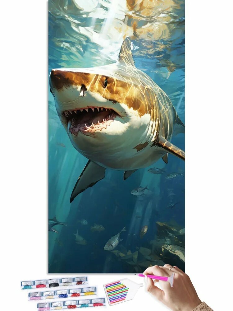 Monetime Набор для алмазной мозаики полная выкладка стразами "Большая белая акула (Carcharodon carcharias)" 40х80 см