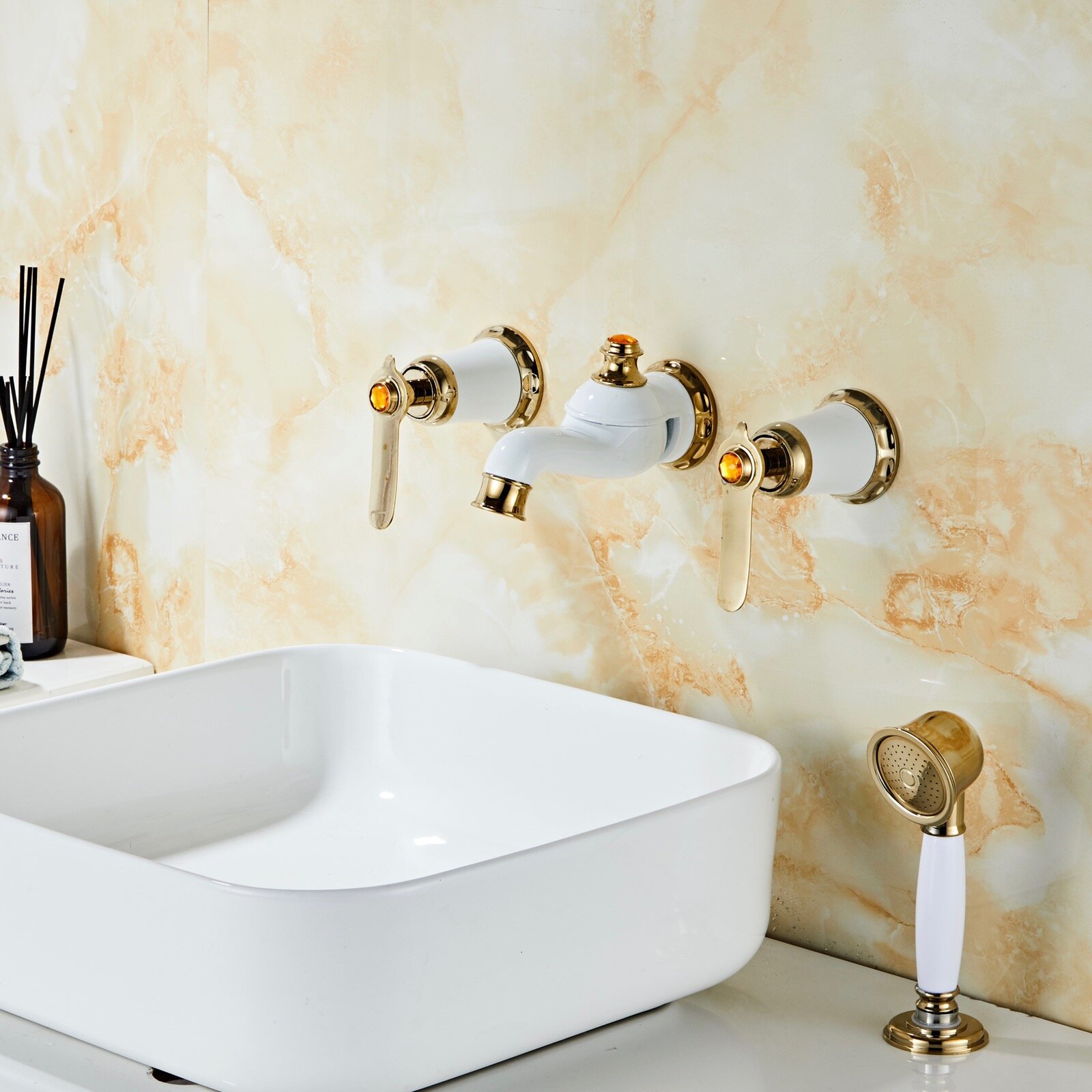 L7 Шкаф для ванной с умывальником в европейском стиле, золотой двойной умывальник, четырехкомпонентный набор, выдвижной разделенный комбинированный умывальник, смеситель на три-четыре отверстия