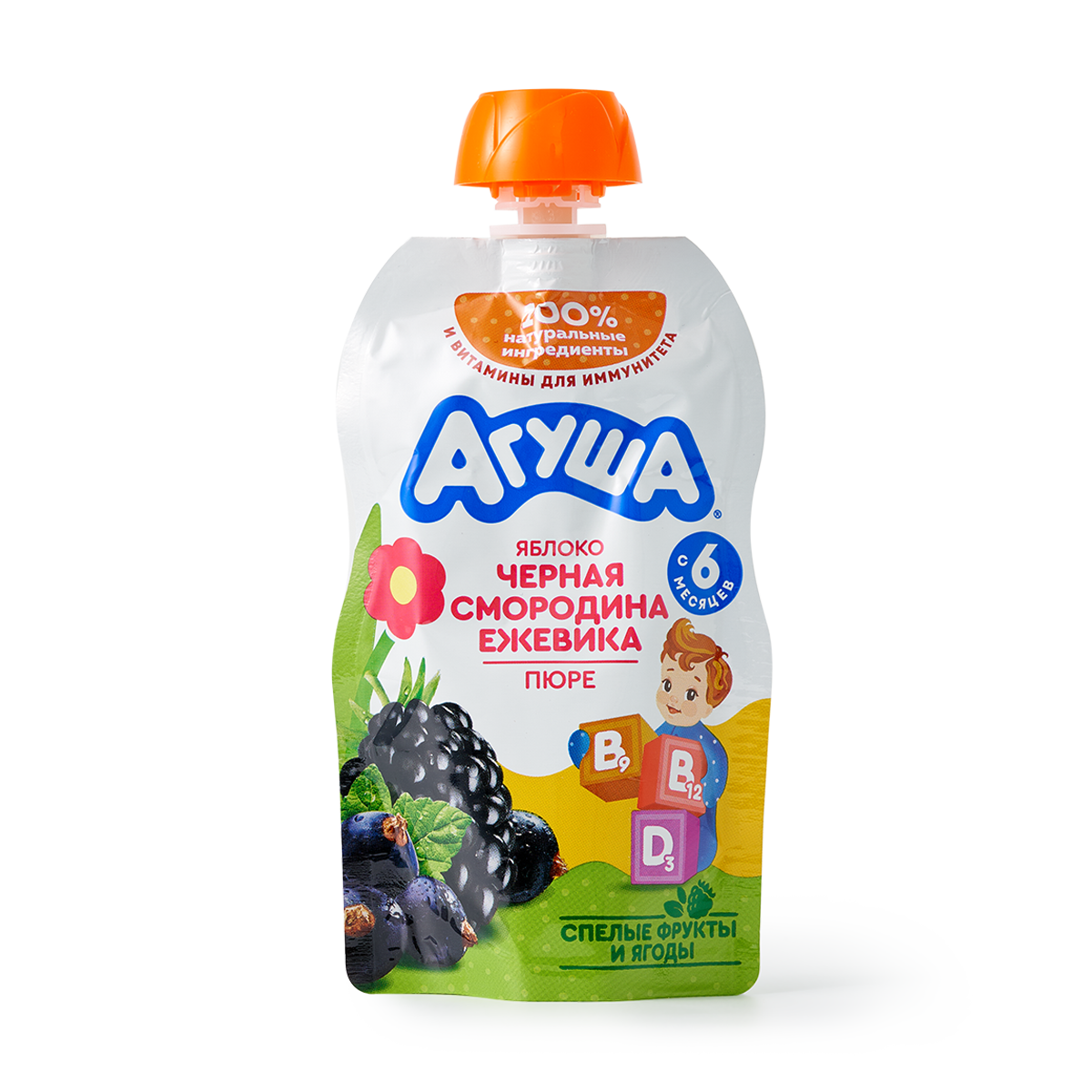 Пюре Агуша "Яблоко-Черная Смородина-Ежевика", для детей с 6 мес, 80 г