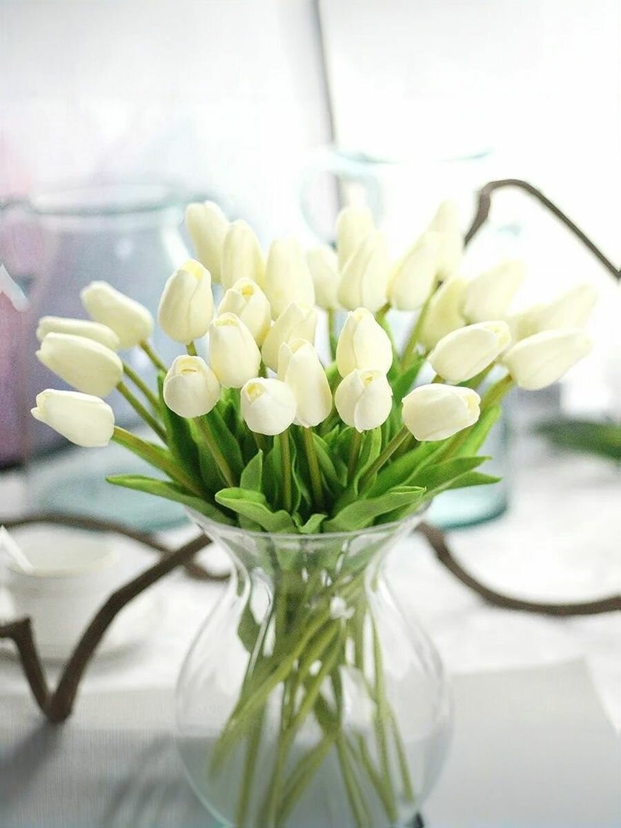 Искусственные цветы как натуральные из силикона Тюльпаны 10шт кремовые 33 см