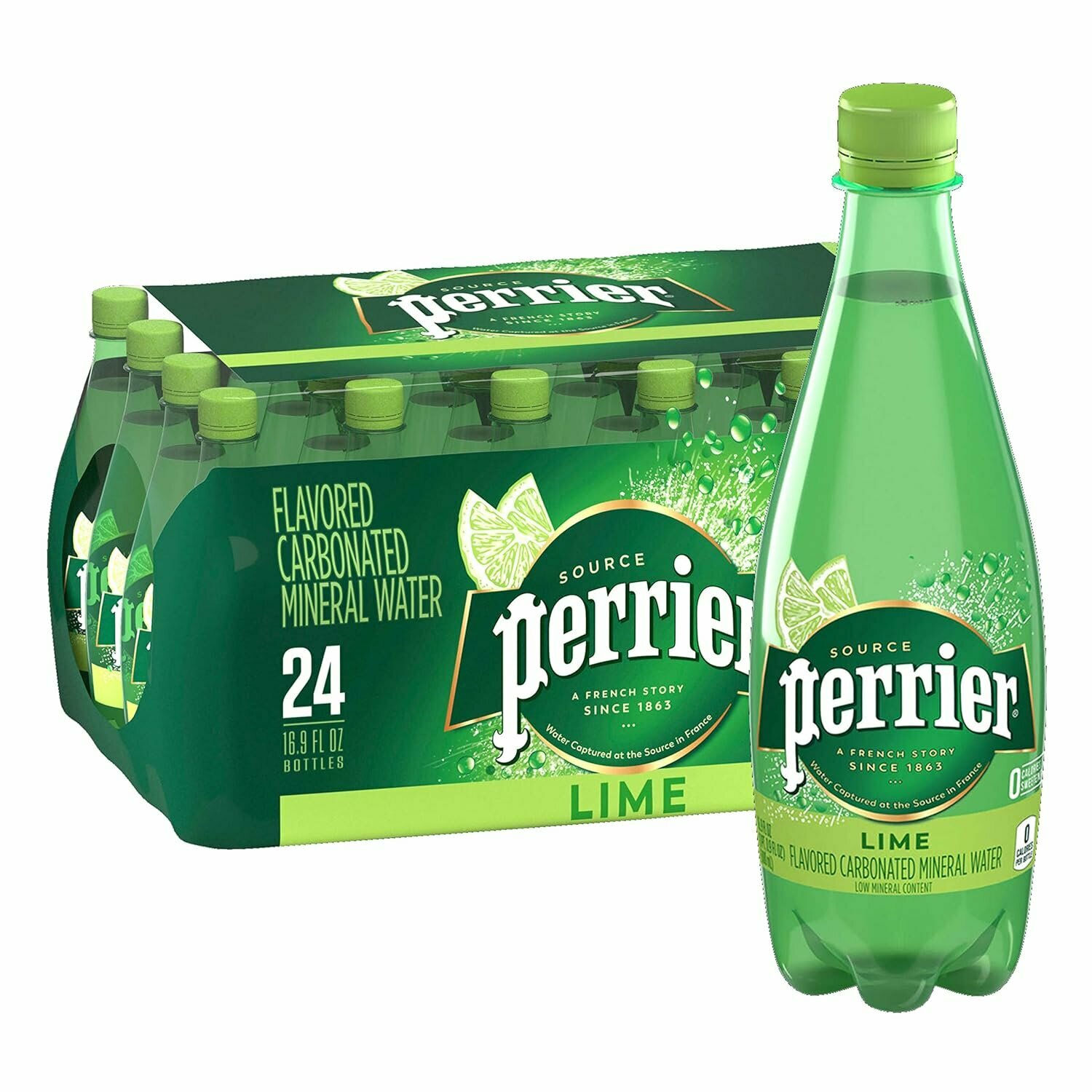 Вода минеральная Perrier (Перье) со вкусом Лайма 0,5 л х 24 бутылки, газ пэт