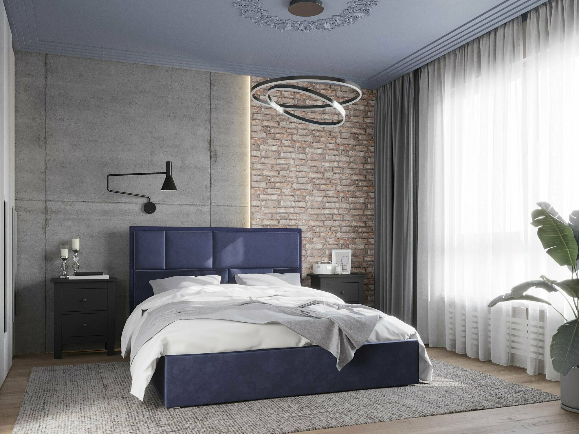 Кровать двуспальная с подъемным механизмом, ящиком для хранения, Madison new, Индигод велюр, (ШхД) 140х200