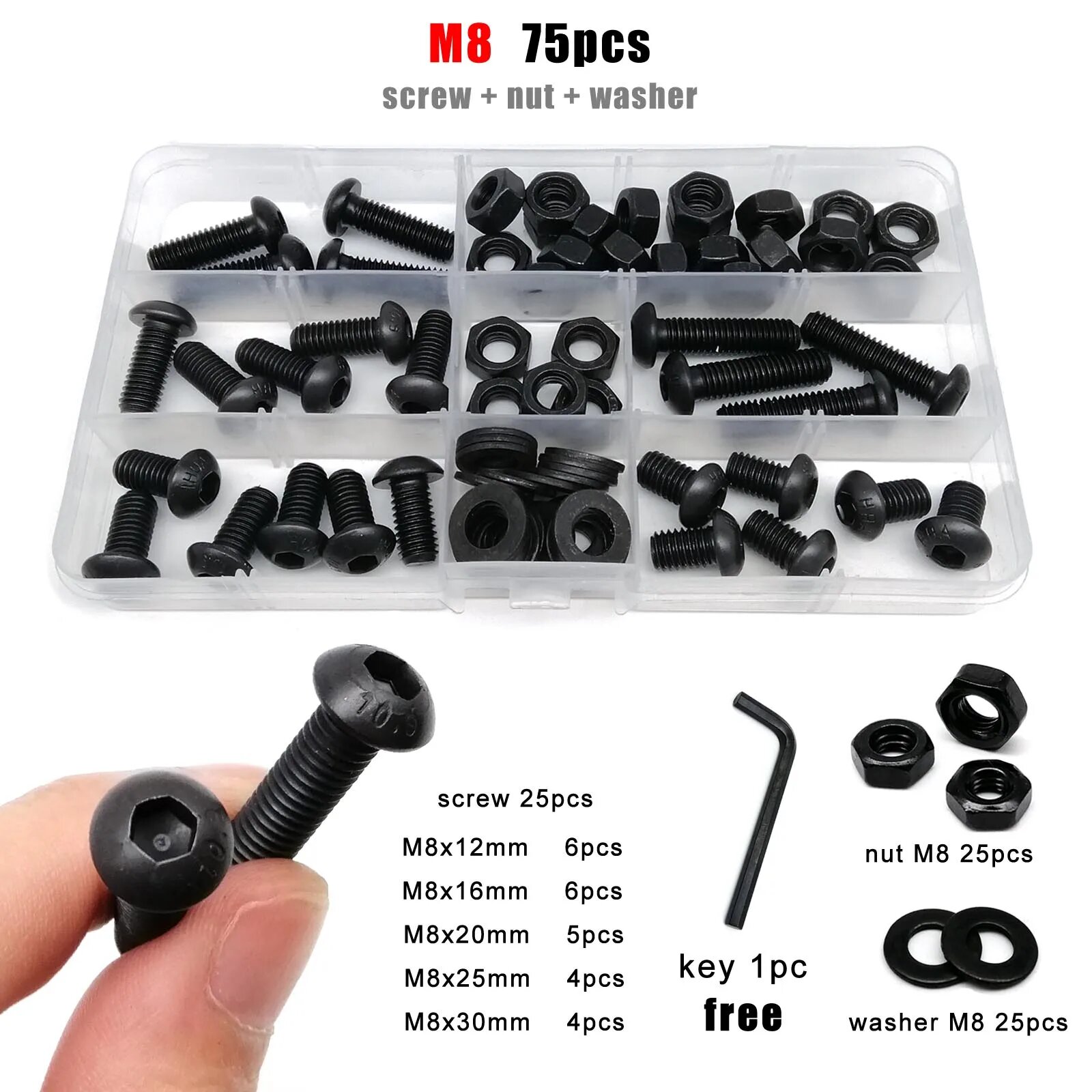 Набор крепежа M8 75pcs, черные болты, гайки, шайбы