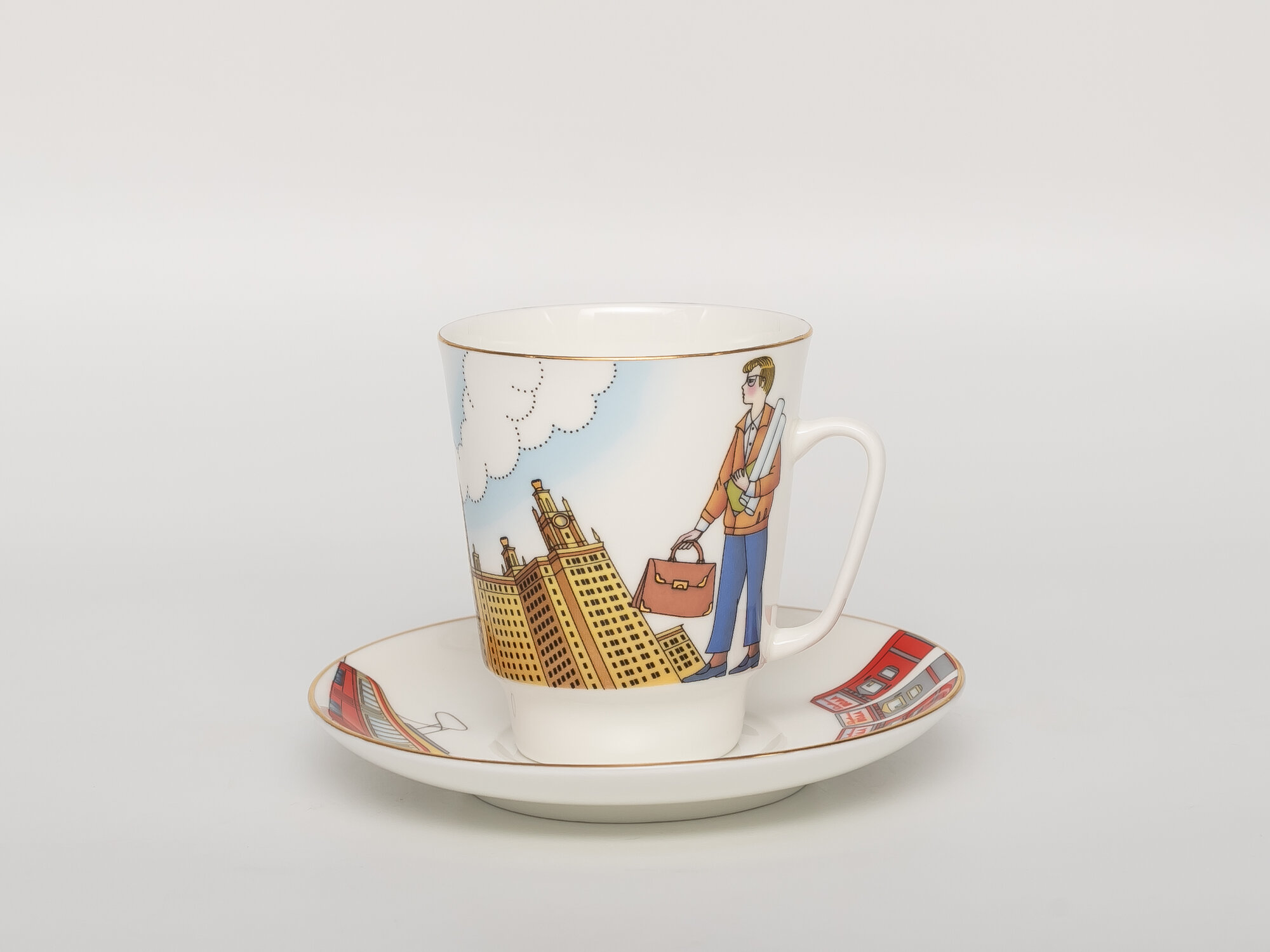 Чашка с блюдцем кофейная ф. Майская рис. Университет Костяной фарфор