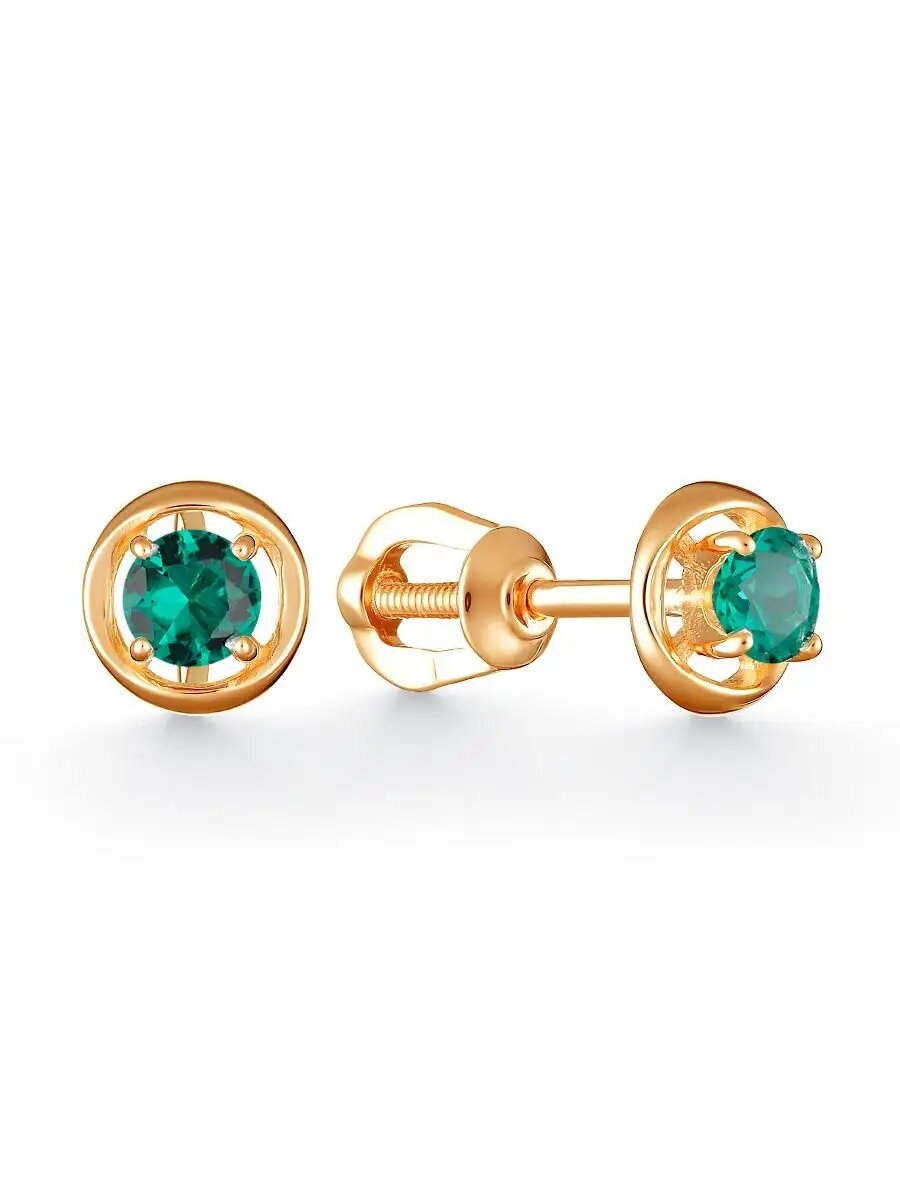 Серьги пусеты, красное золото, 585 проба, бриллиант, изумруд