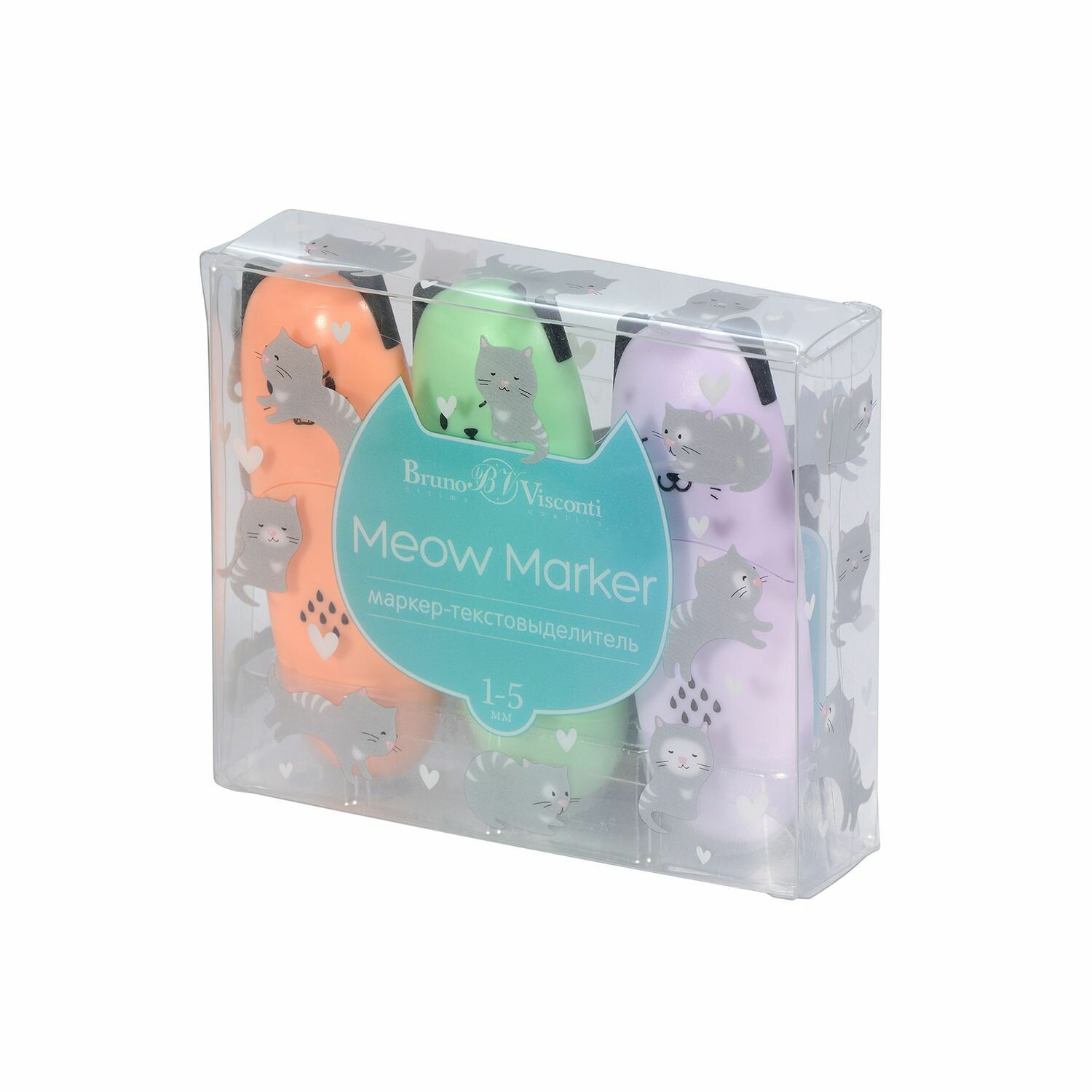 Текстовыделитель пастельные набор 3 цвета (мятный, оранжевый, сиреневый) Bruno Visconti "MEOW MARKER" / маркеры текстовыделители для школы арт.22-0106