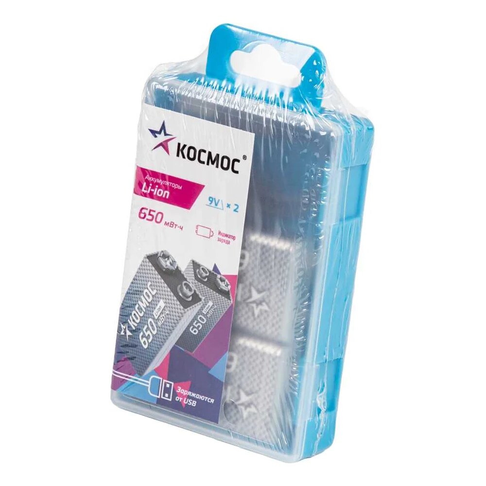 Космос Аккумулятор крона Li-ion 9V 500мАч 2 шт в боксе KOCLi9V650mAh2B