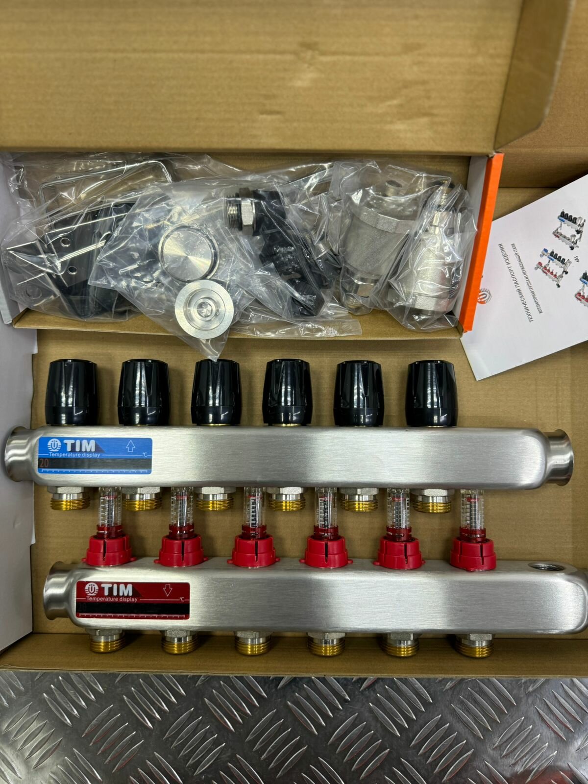 Коллекторная группа для теплого пола TIM на 6 контура, нержавеющая сталь, KCS5006