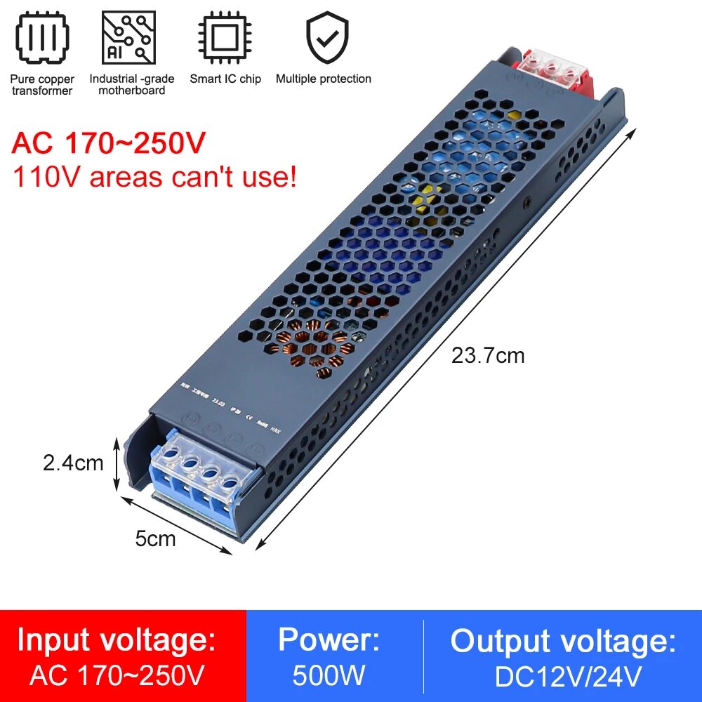 Блок питания 500W 170-250V AC DC 12V/24V