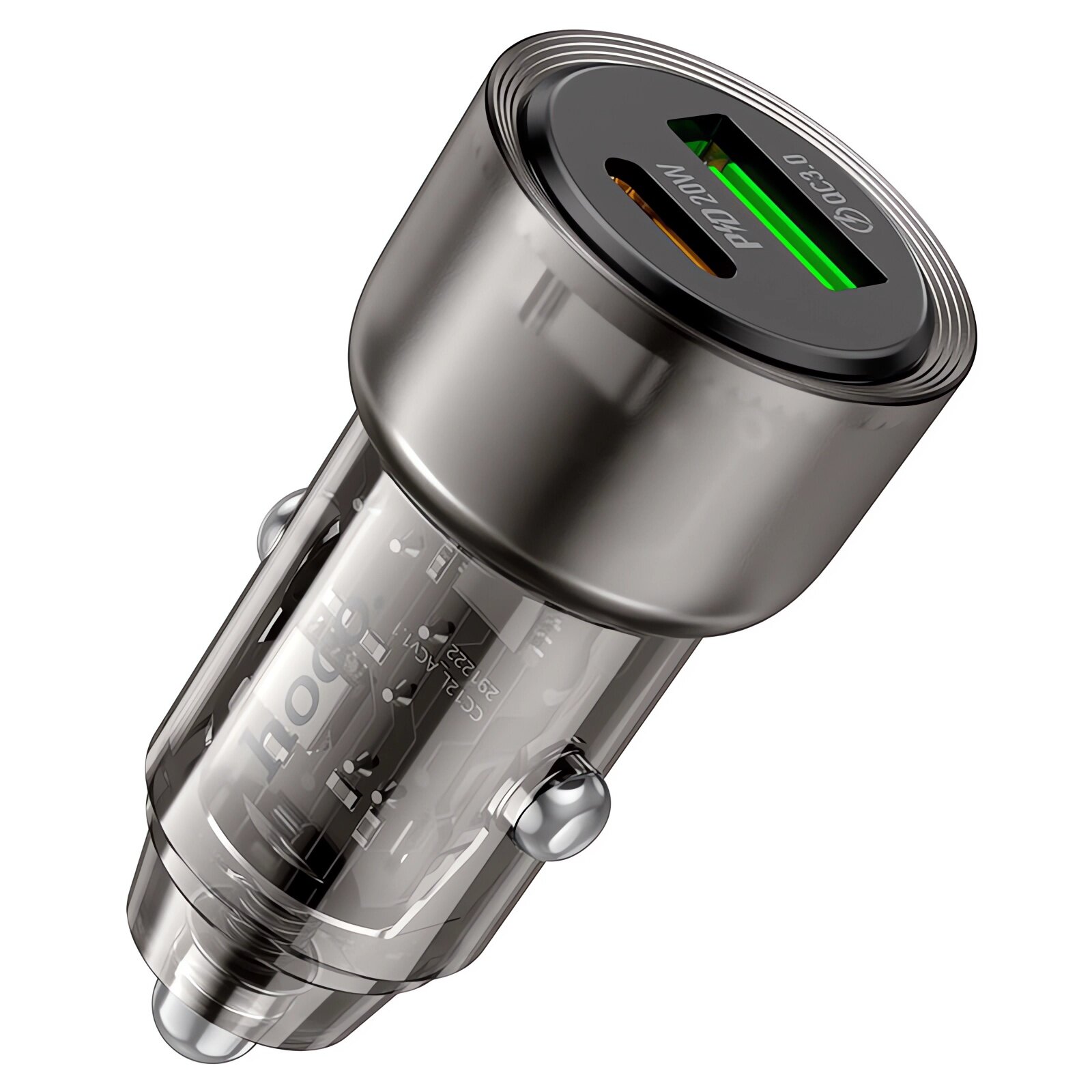 Быстрое автомобильное зарядное устройство HOCO Z52 Crystal 38Вт с USB и Type-C выходами, 3А, PD20W, QC3.0 в тёмно прозрачном дизайне