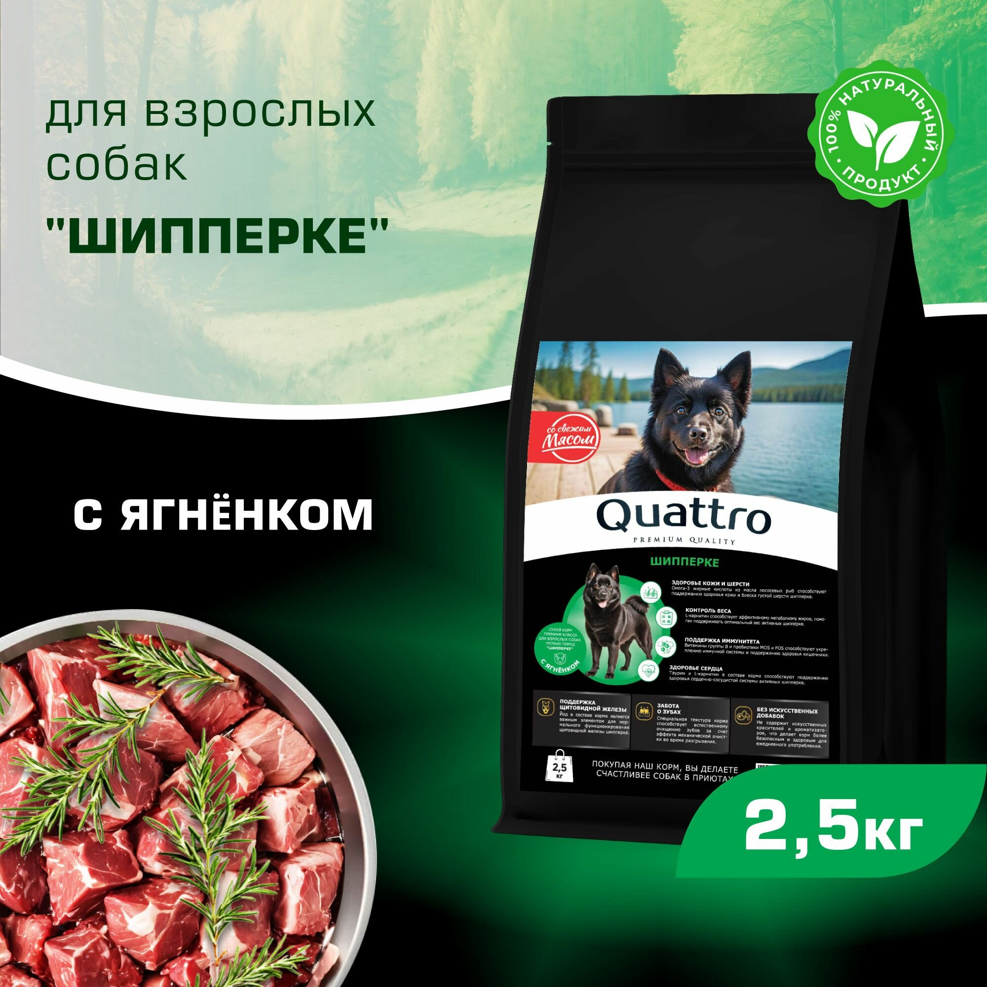 Корм сухой для взрослых собак породы Шипперке, с ягненком, 2,5 кг, QUATTRO