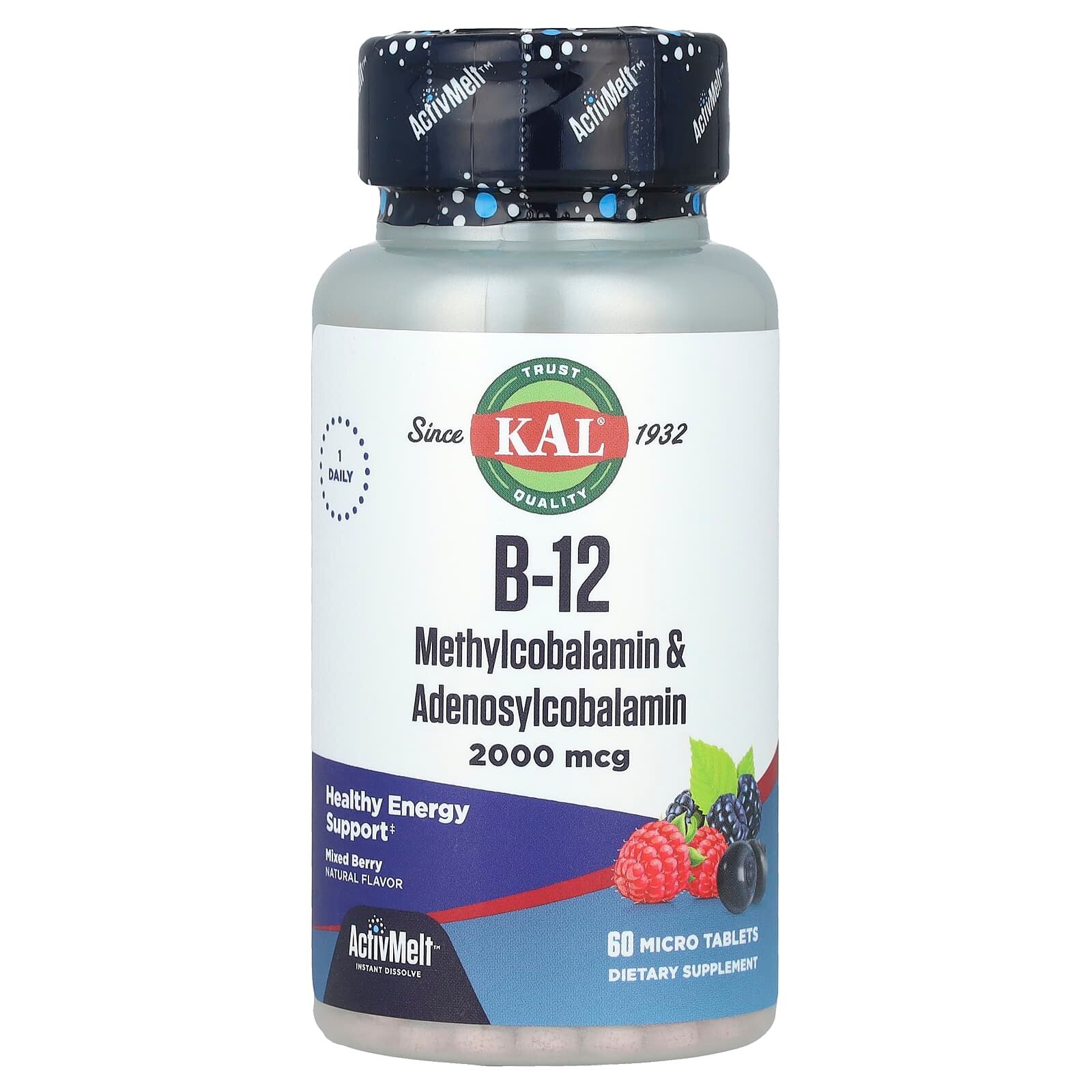 KAL B-12 Methylcobalamin Adenosyl, 2000 мкг, 60 таблеток, Mixed Berry