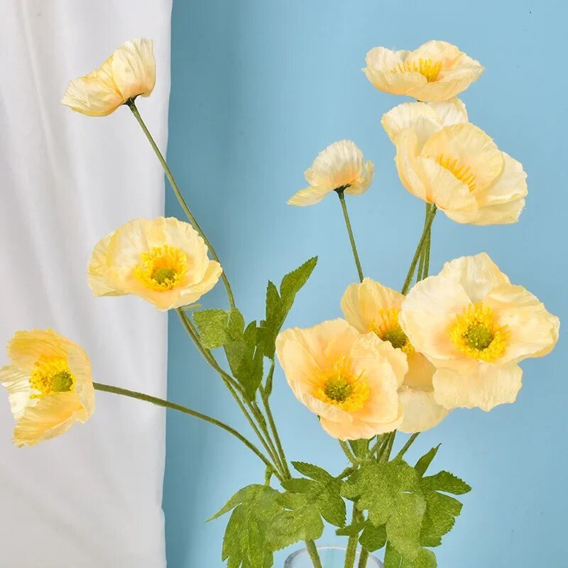 Искусственные шелковые маки 4 штуки Светло-желтый, Шампанское