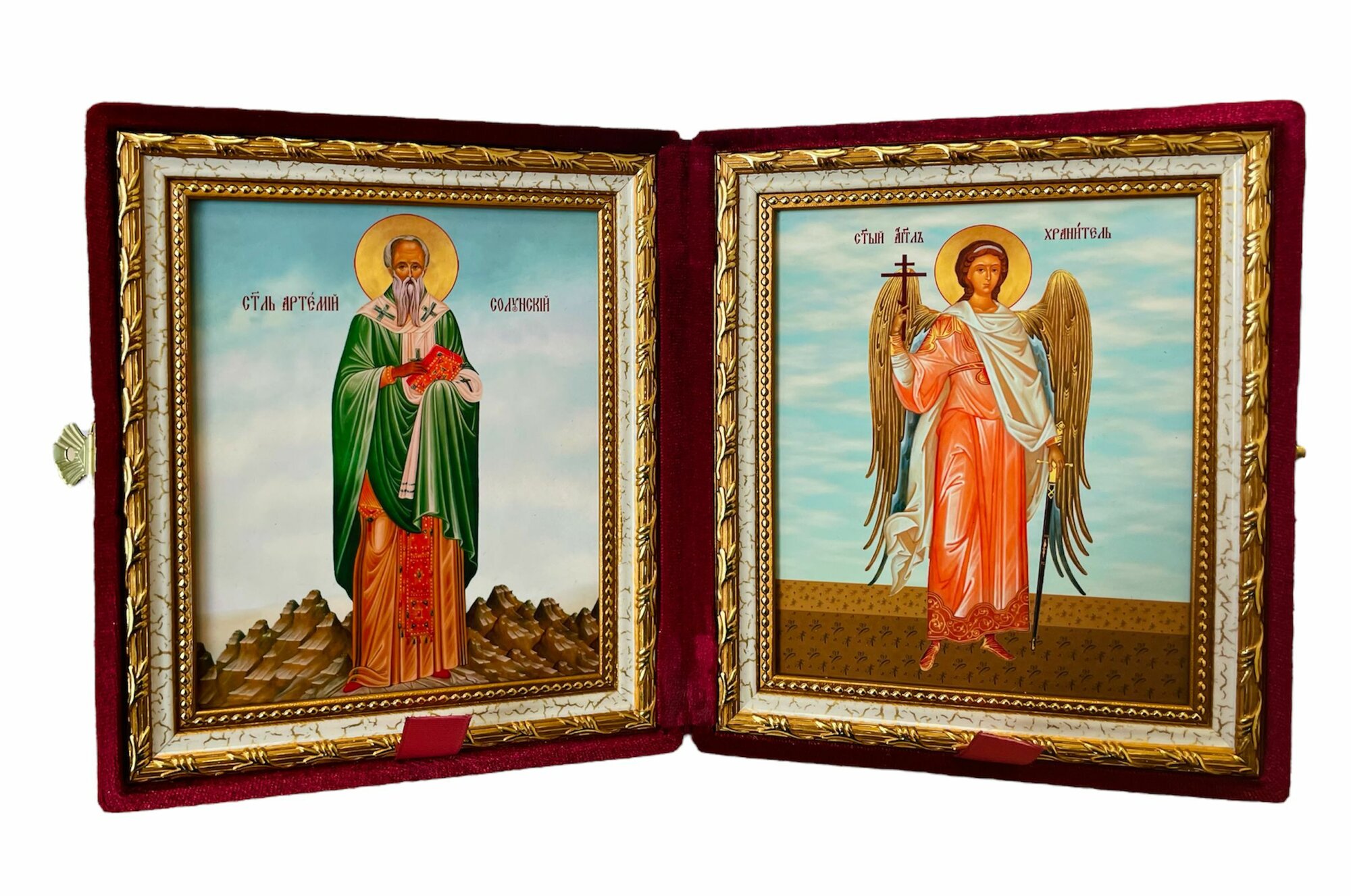 Икона Складень Артемий (Артемон) Солунский (Селевкийский), Святитель и Ангел Хранитель в бархатном футляре, 10х11 см