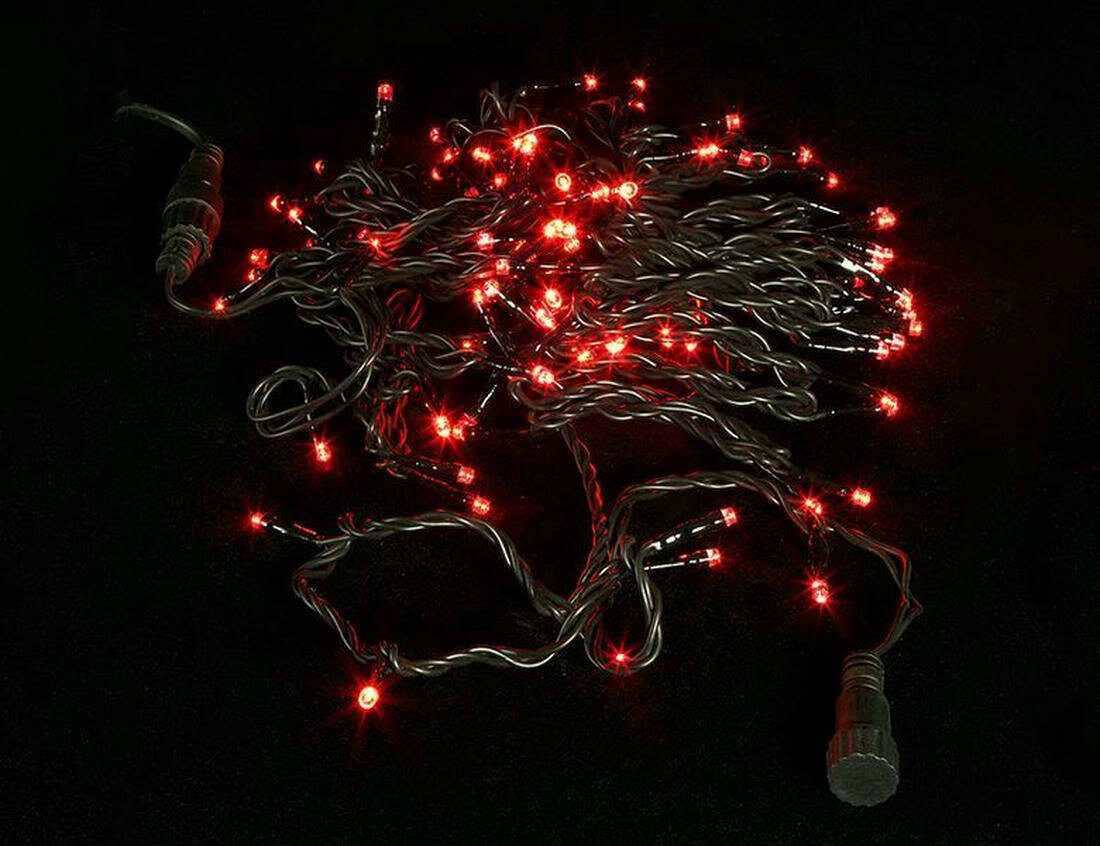 Светодиодная гирлянда 100 красных LED ламп 10 м, мерцание, черный ПВХ, соединяемая, IP44, Laitcom