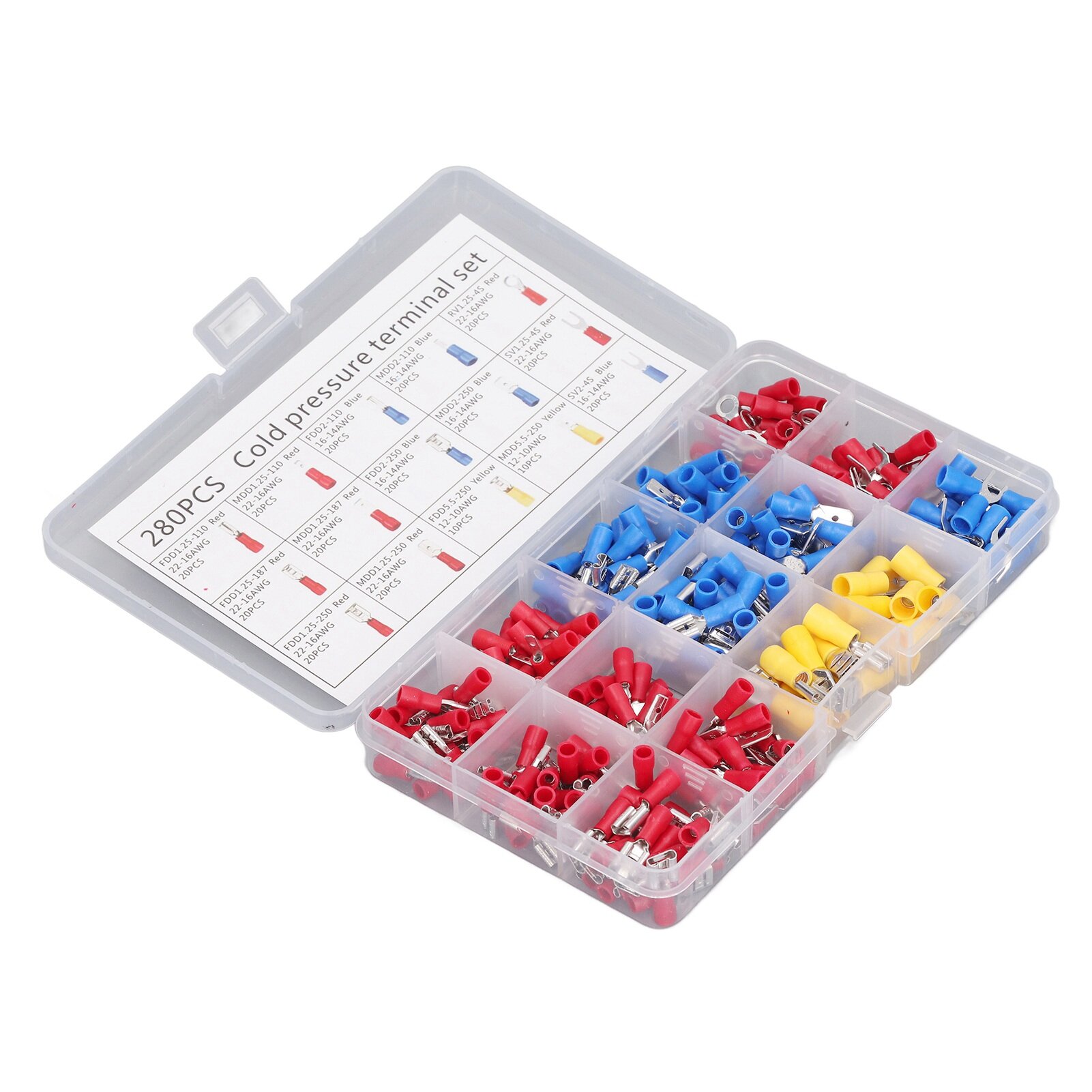 280 шт, клемма холодного прессования, латунный сердечник, изолированная оболочка, кольцевая вилка с хорошей проводимостью, комплект клемм для автомобильного корабля