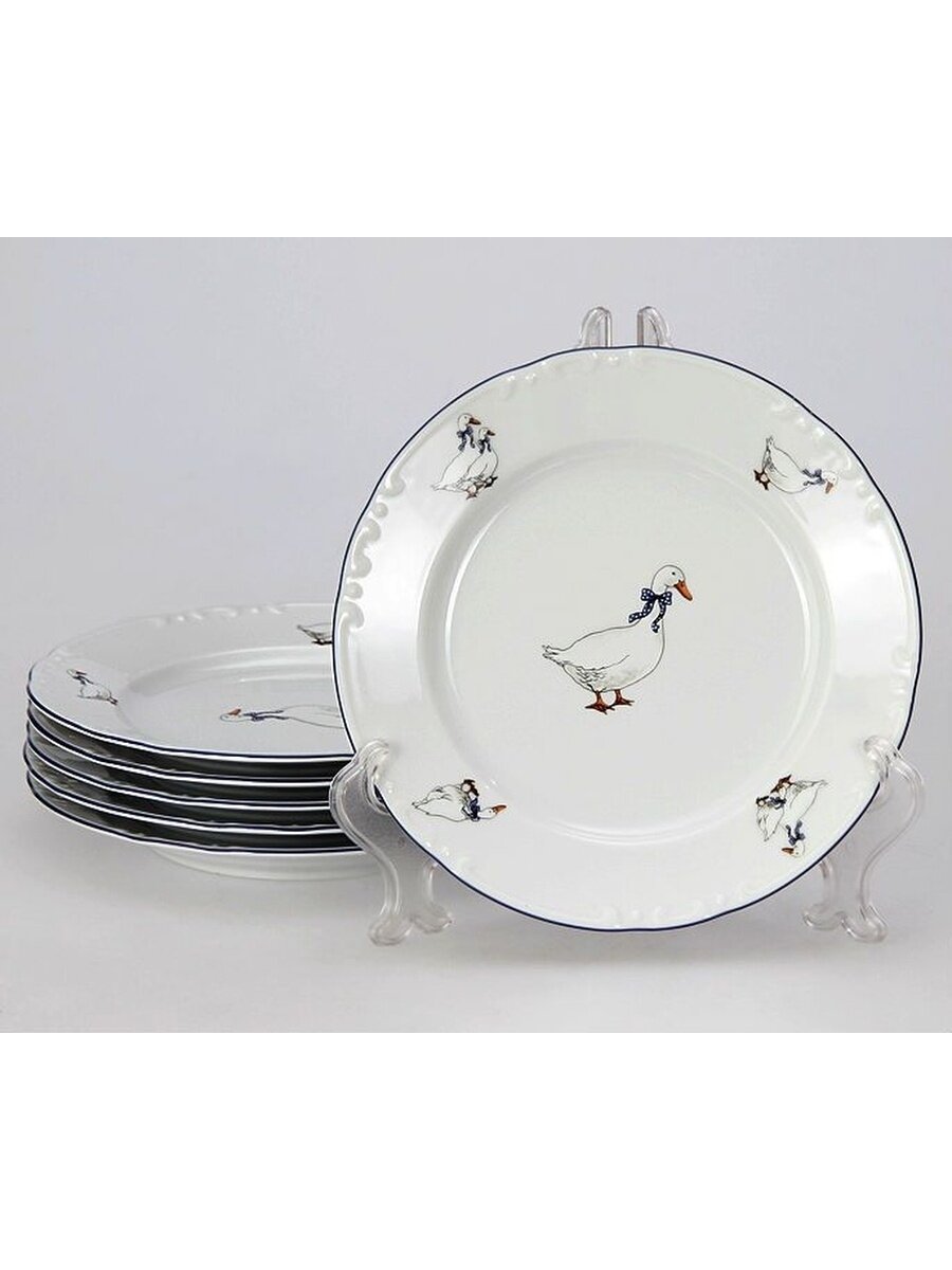 Набор 6 тарелок Констанция Гуси Bernadotte Фарфор Диаметр-19см Белый Синий Посуда для сервировки стола Чехия
