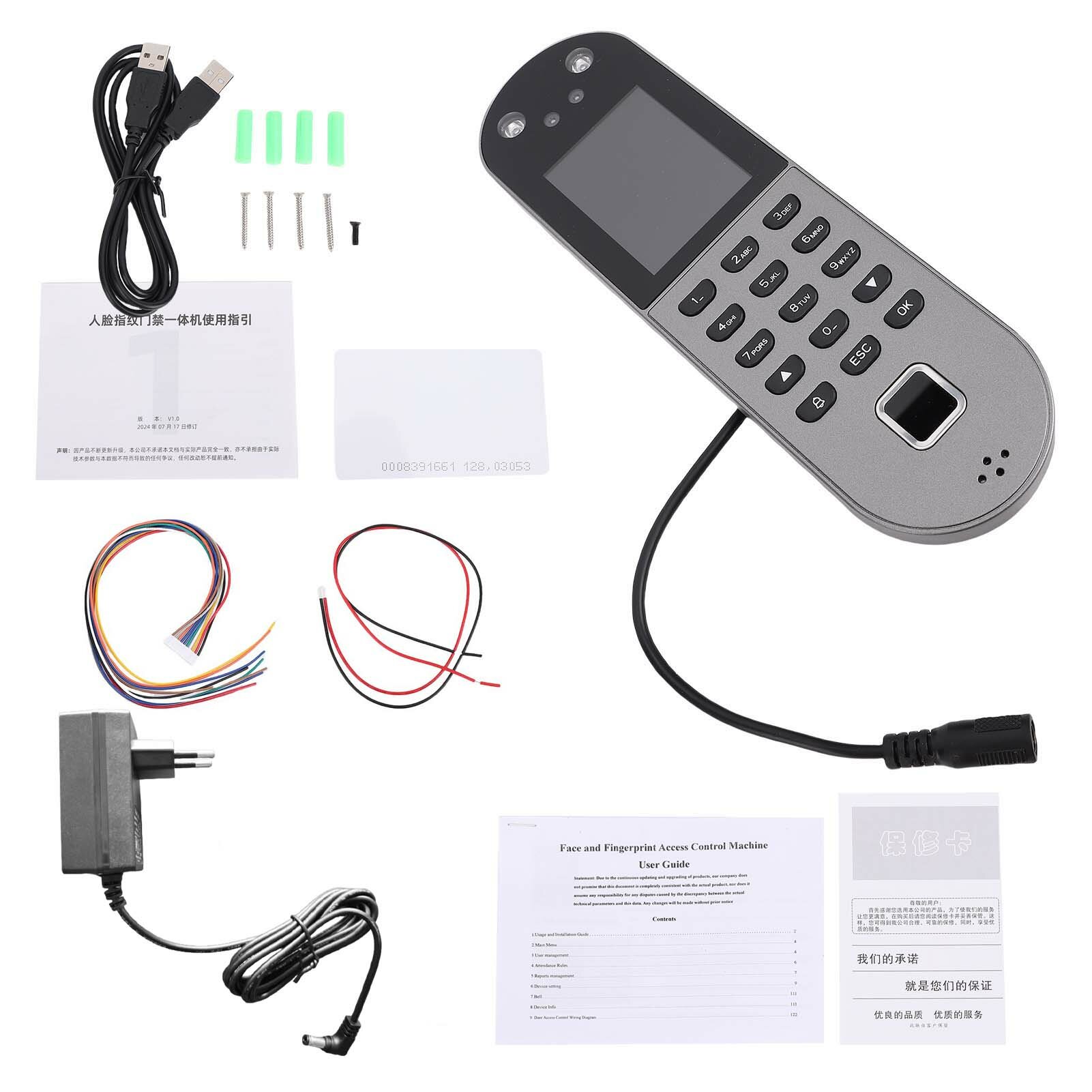 Биометрическая система учета рабочего времени с распознаванием лиц и отпечатков пальцев, регистратором прихода и ухода сотрудников, распознаванием паролей/идентификационных карт и 2,4-дюймовым ЖК-экраном для контроля доступа. Вилка европейского стандарта.