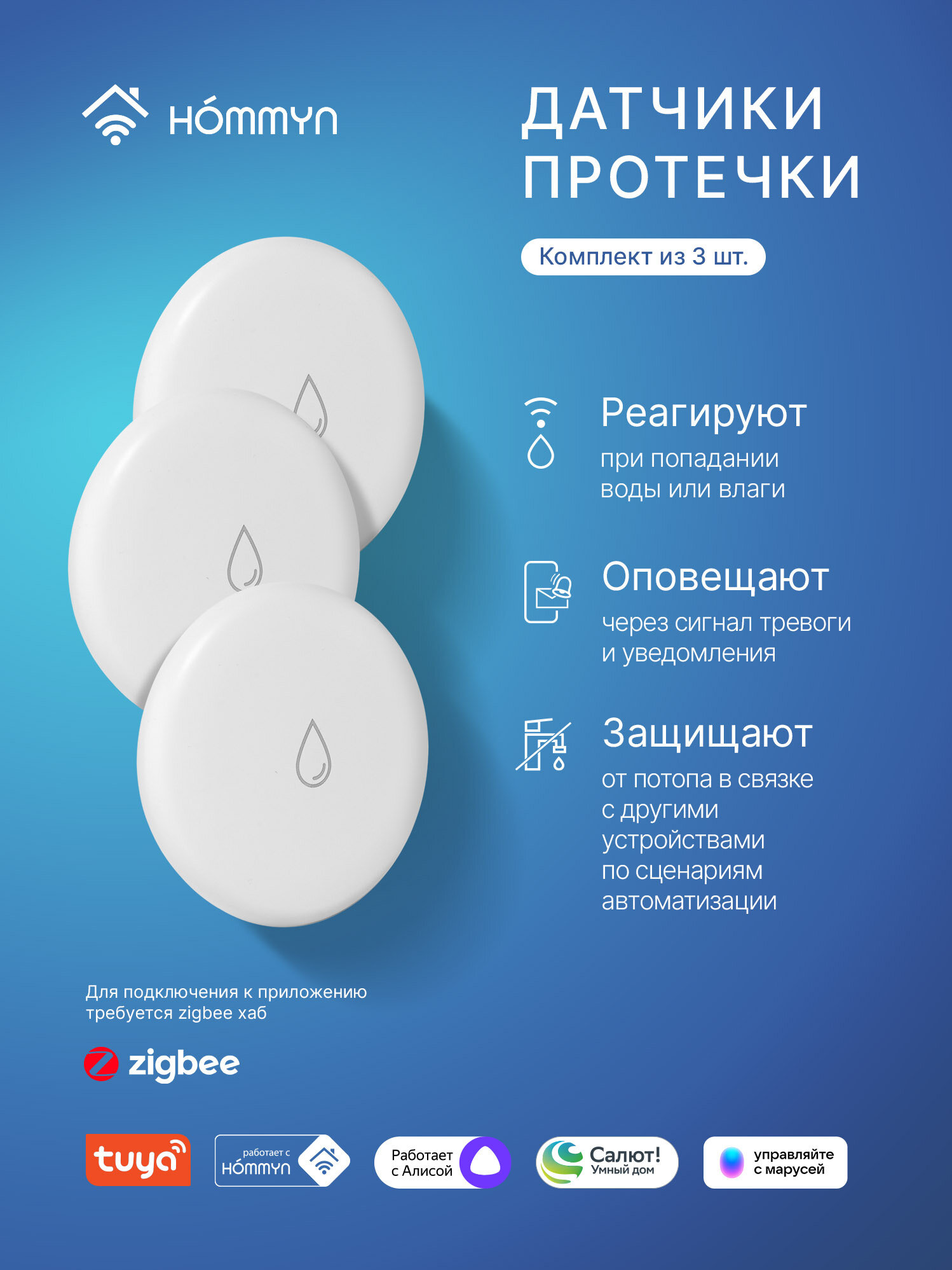 Комплект три датчика протечки HOMMYN 3WLS30ZB