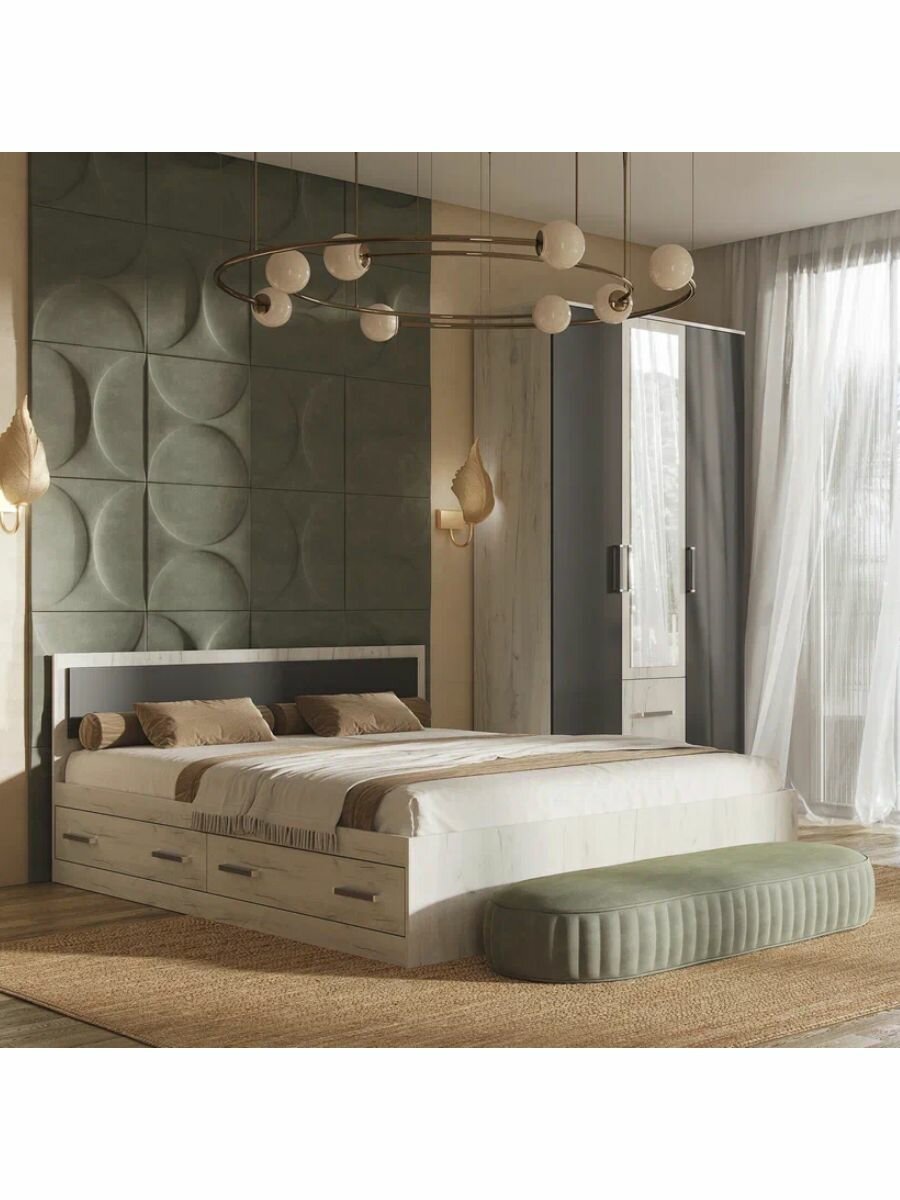 Кровать двуспальная Фиеста NEW 1,6 1635х800х2037, Дуб Крафт белый/Графит, с выдвижными ящиками, МИФ