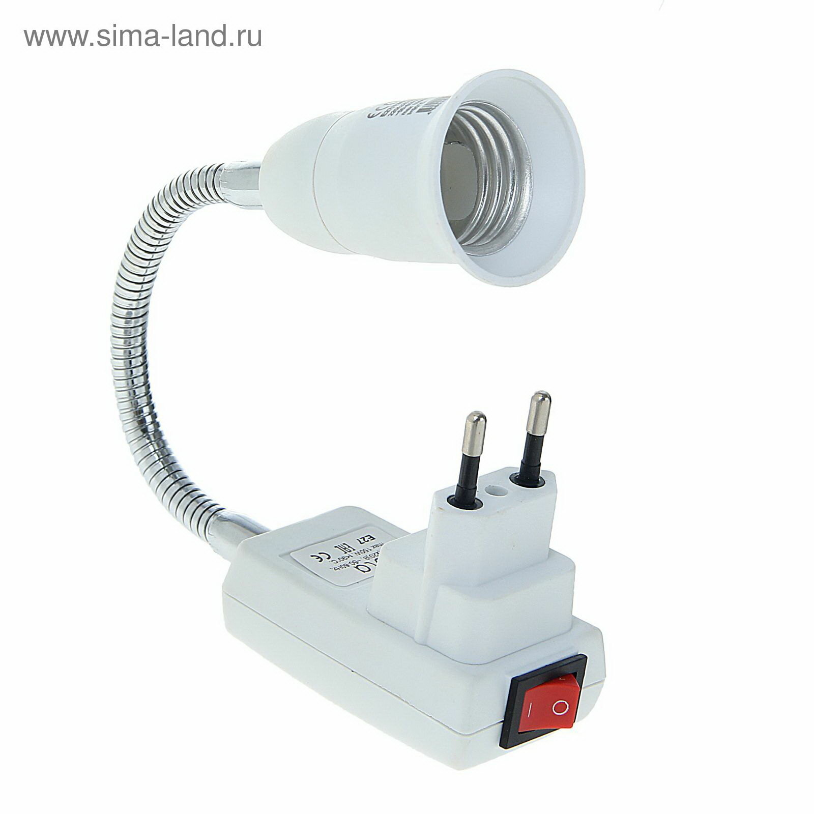 Переходник вилка-патрон, Е27, 275x45 мм, с выключателем, гибкий, белый