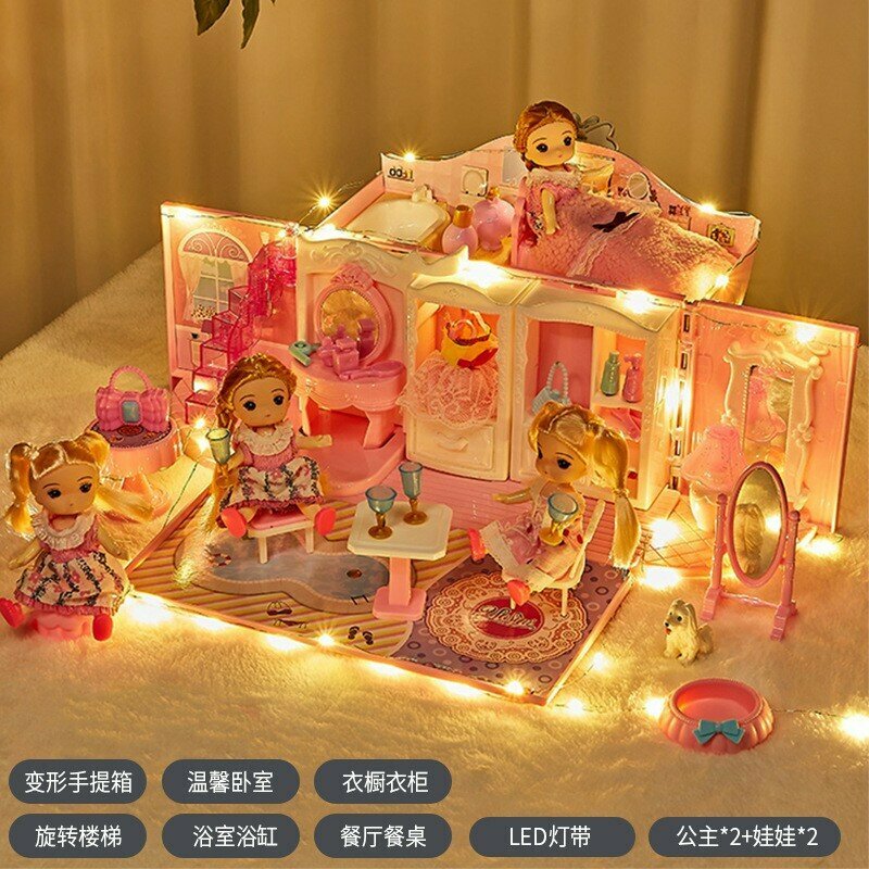 Сказочный домик для кукол с LED, 2 принцессами, 2 куклами, одеялом, 2 собаками и 2 горшками