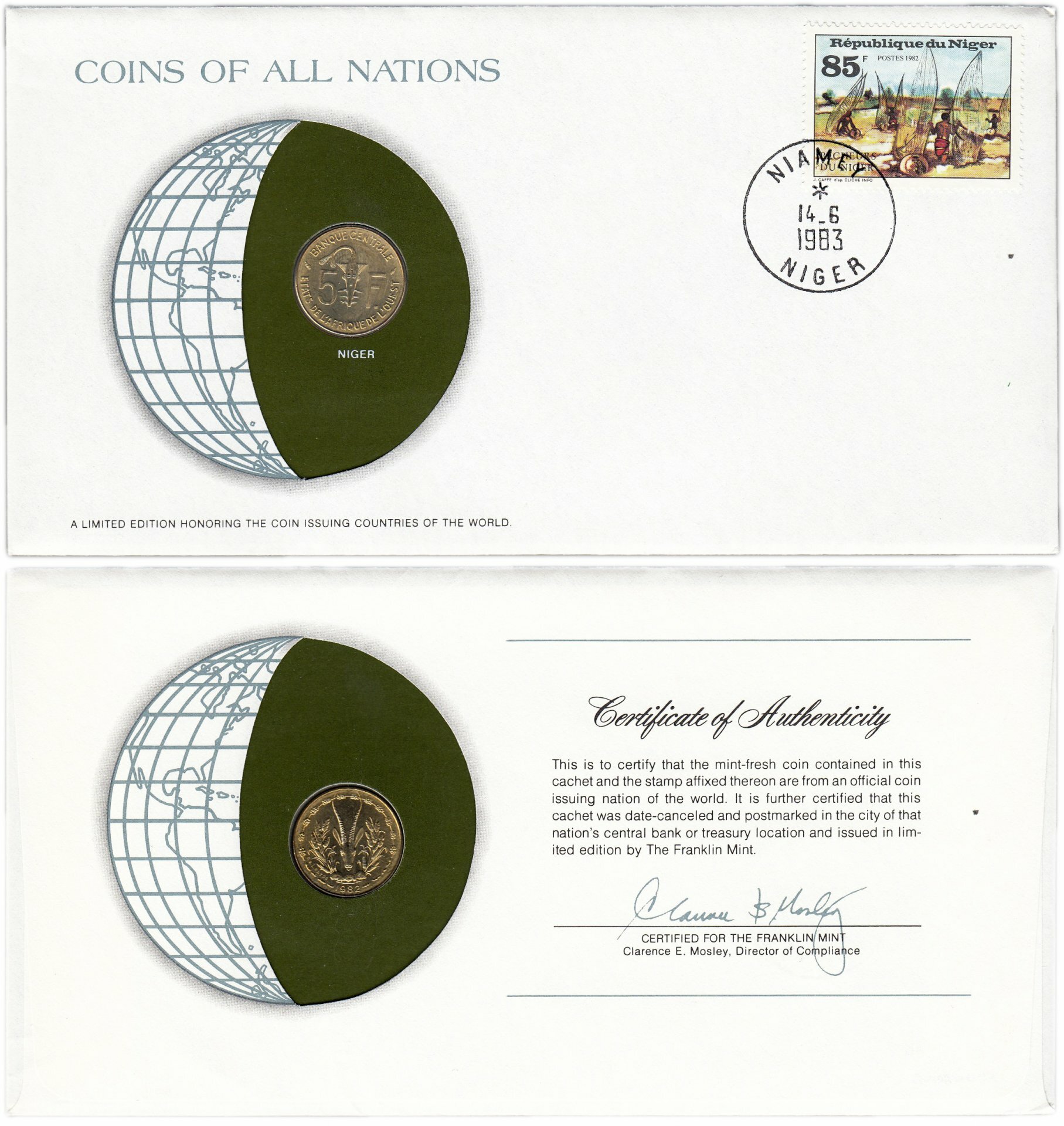 Серия "Монеты всех стран мира" - Западная Африка BCEAO 5 франков francs 1982 монета и 1 марка в конверте, Бронза, в сохранности XF