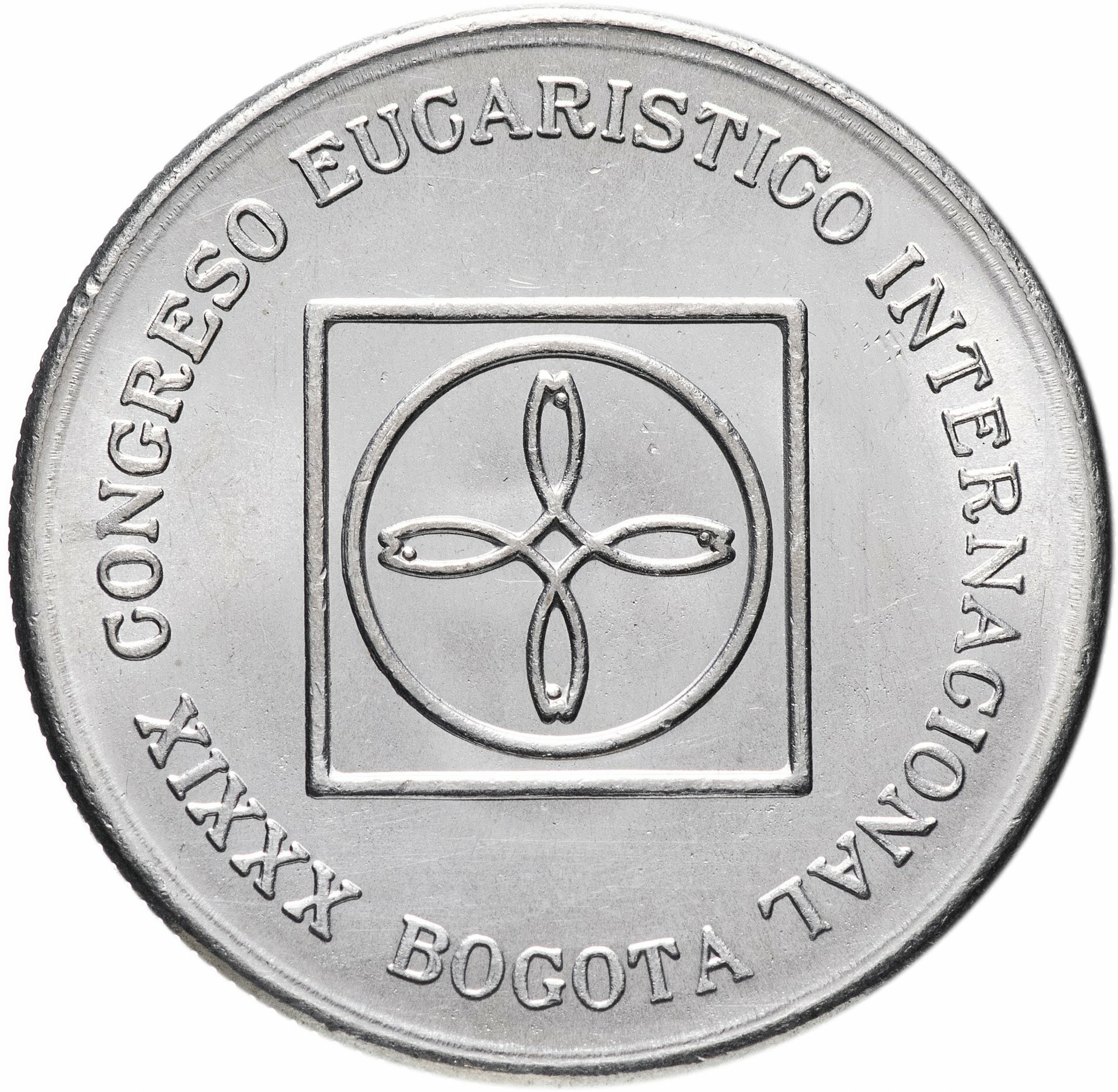 Колумбия 5 песо pesos 1968 "39-й Международный Евхаристический Конгресс", Мельхиор медь-никель, в сохранности AU-UNC