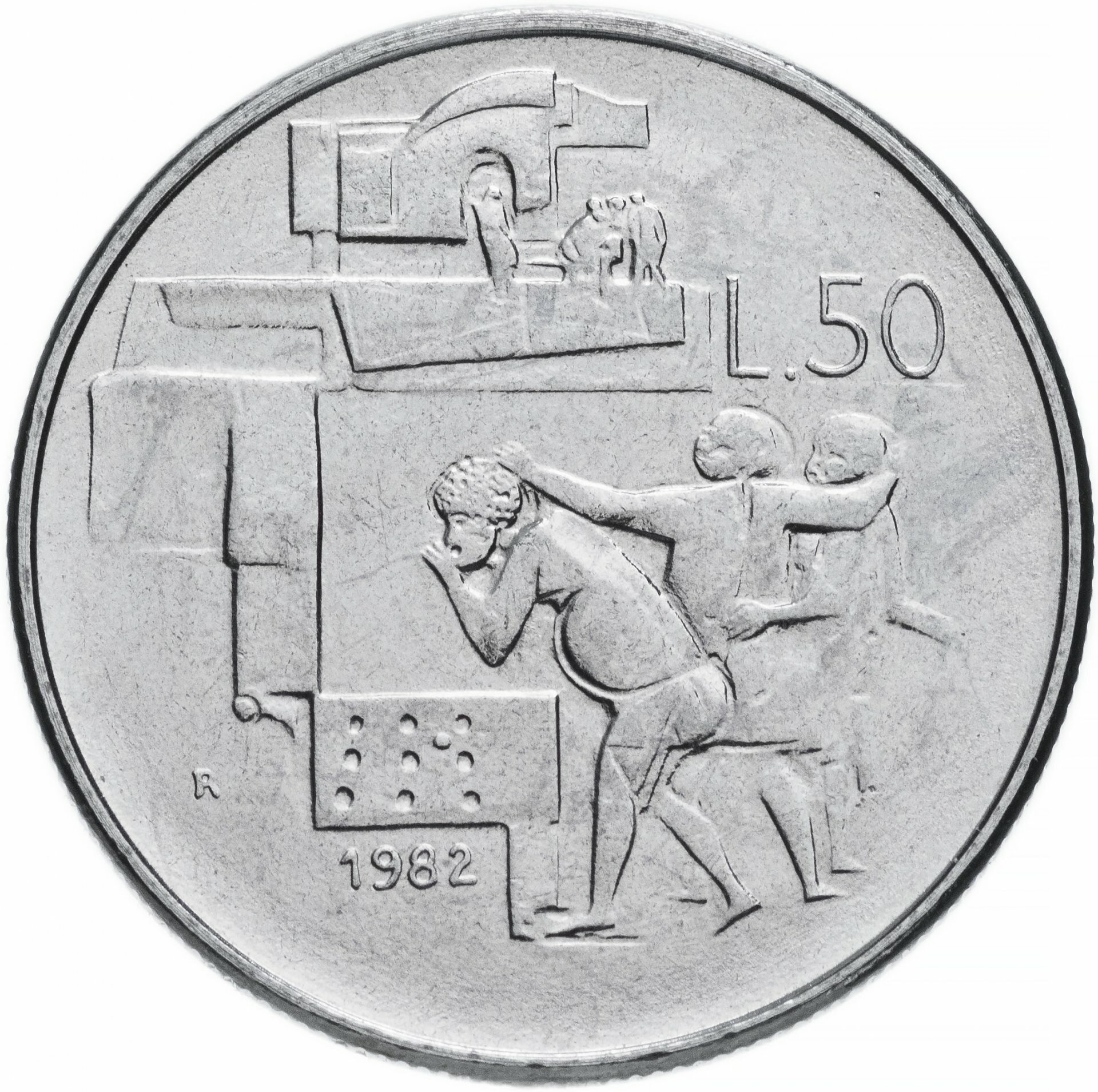 Сан-Марино 50 лир 1982 "Социальные достижения", Сталь, в сохранности UNC