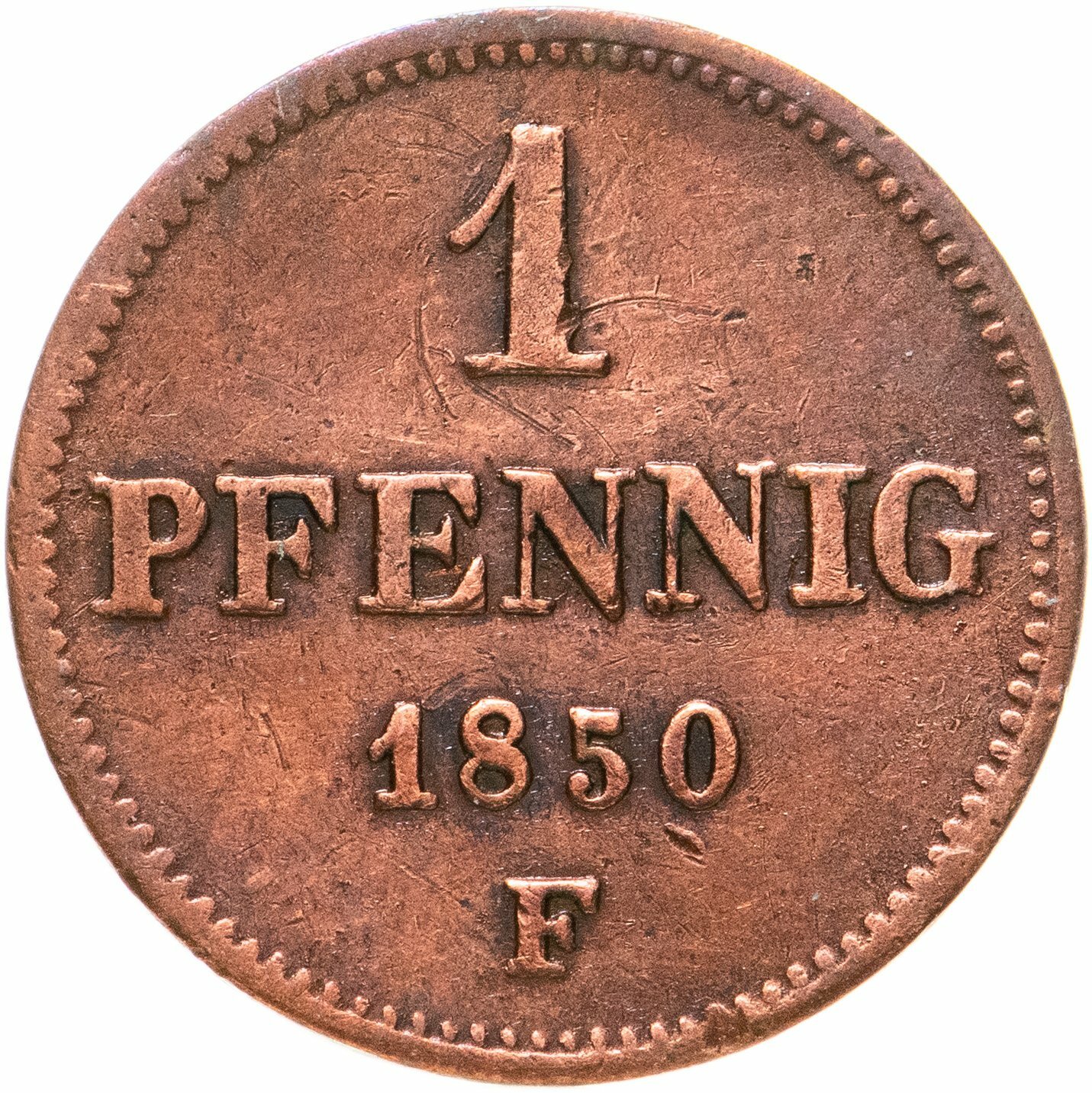Германия, Саксония 1 пфенниг 1850, Медь, в сохранности VF
