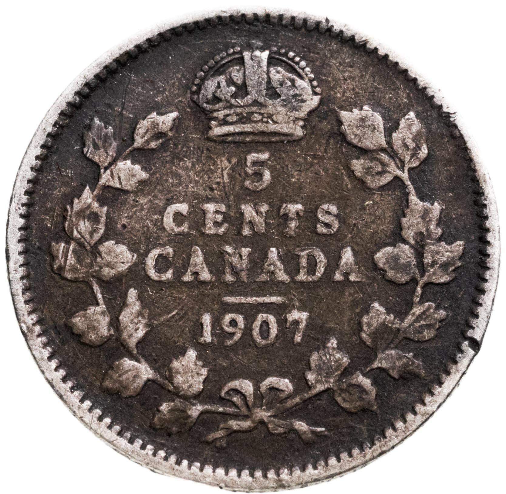 Канада 5 центов cents 1907, Серебро 925, в сохранности F