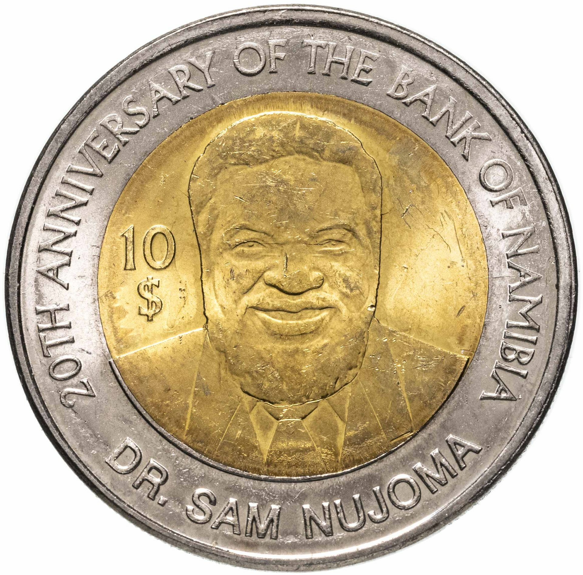 Намибия 10 долларов 2010 "20 лет банку Намибии", Биметалл, в сохранности UNC