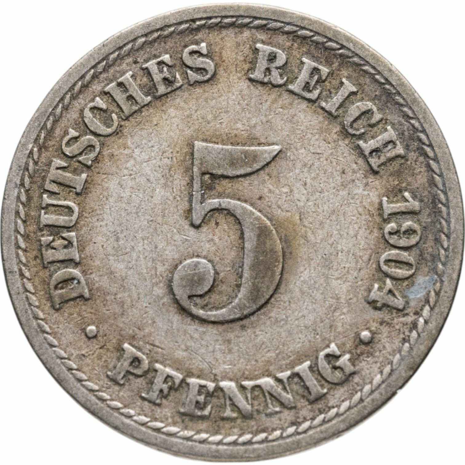 Германия 5 пфеннигов pfennig 1904, знак монетного двора: "A", Мельхиор медь-никель, в сохранности VF-XF