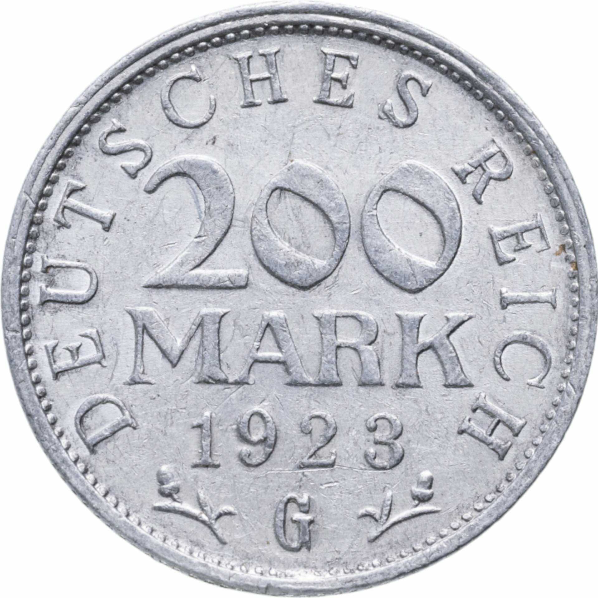 Германия 200 марок 1923 "G" - Карлсруэ, Алюминий, в сохранности XF