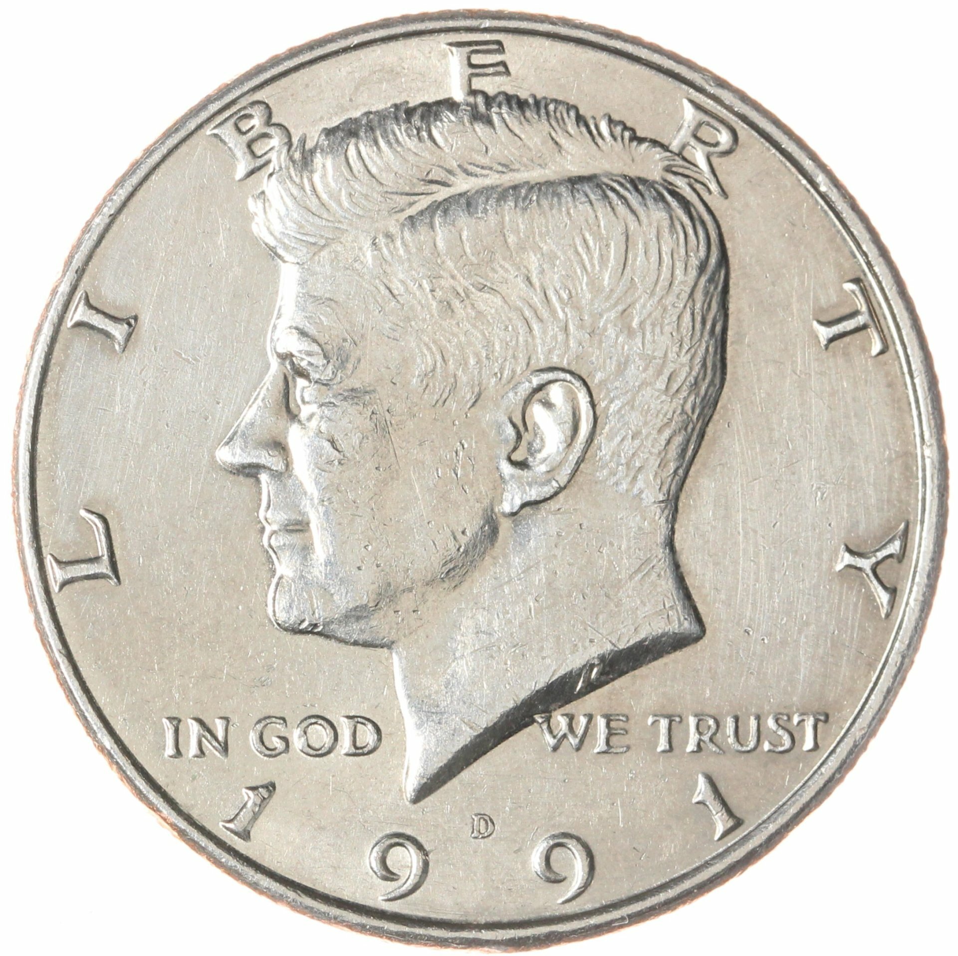 США 50 центов 1/2 доллара, half dollar 1991 D Kennedy Half Dollar Кеннеди знак монетного двора "D" - Денвер, Медь, в сохранности AU