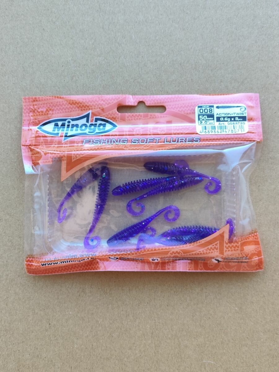 Силиконовая приманка Minoga Action Twist 2" (9шт) 50мм, 0.6гр, цвет 008 / твистер
