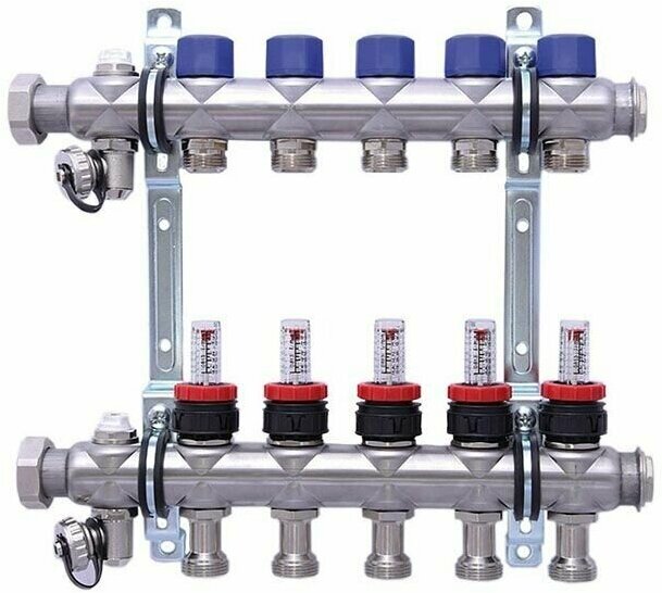 Распределительный коллектор Hansa FBH-63 256329, 9 контура, коллектор для теплых полов и радиаторов распределительный с запорно-регулировочной арматурой и расходомерами, нержавеющая сталь